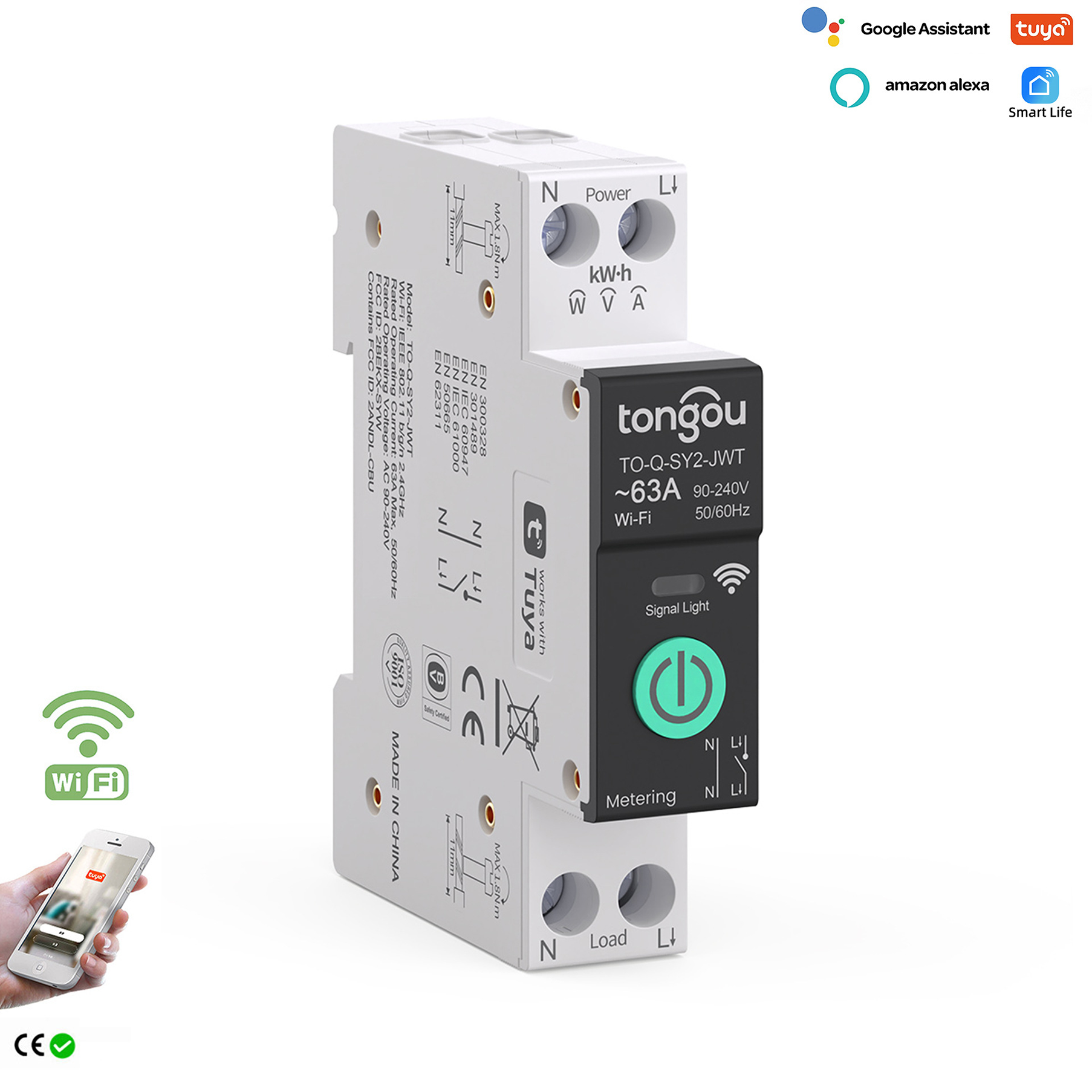 Interruptor inteligente Wi-Fi, ajustable de 1 a 63 A, control por ...