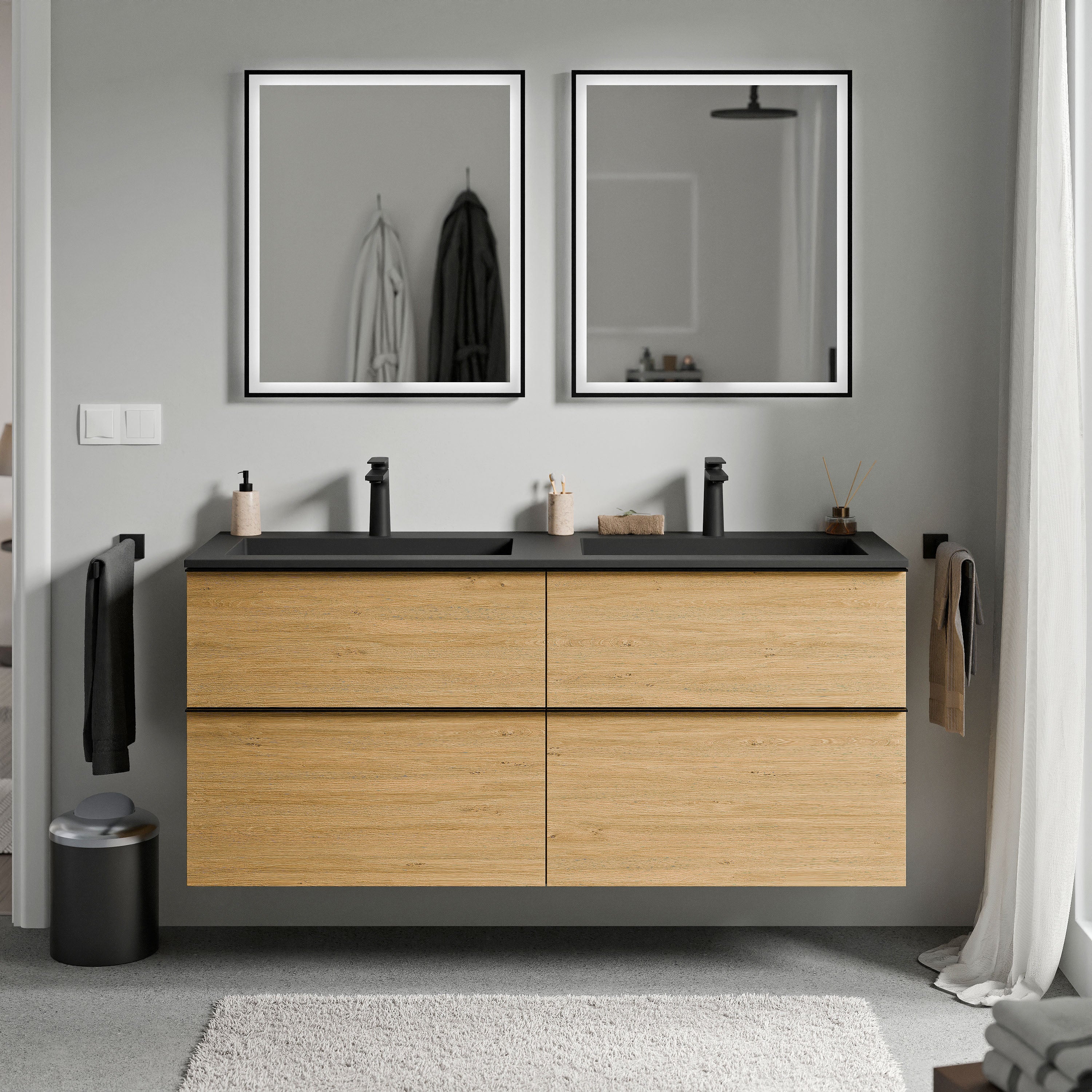 BERNSTEIN - Mueble lavabo suspendido MDF Roble Miel, lavabo fundición ...