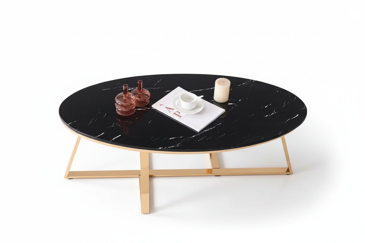 Table Basse Ovale GAMMA Plateau Granite Effet Marbre Noir Pieds Gold ...