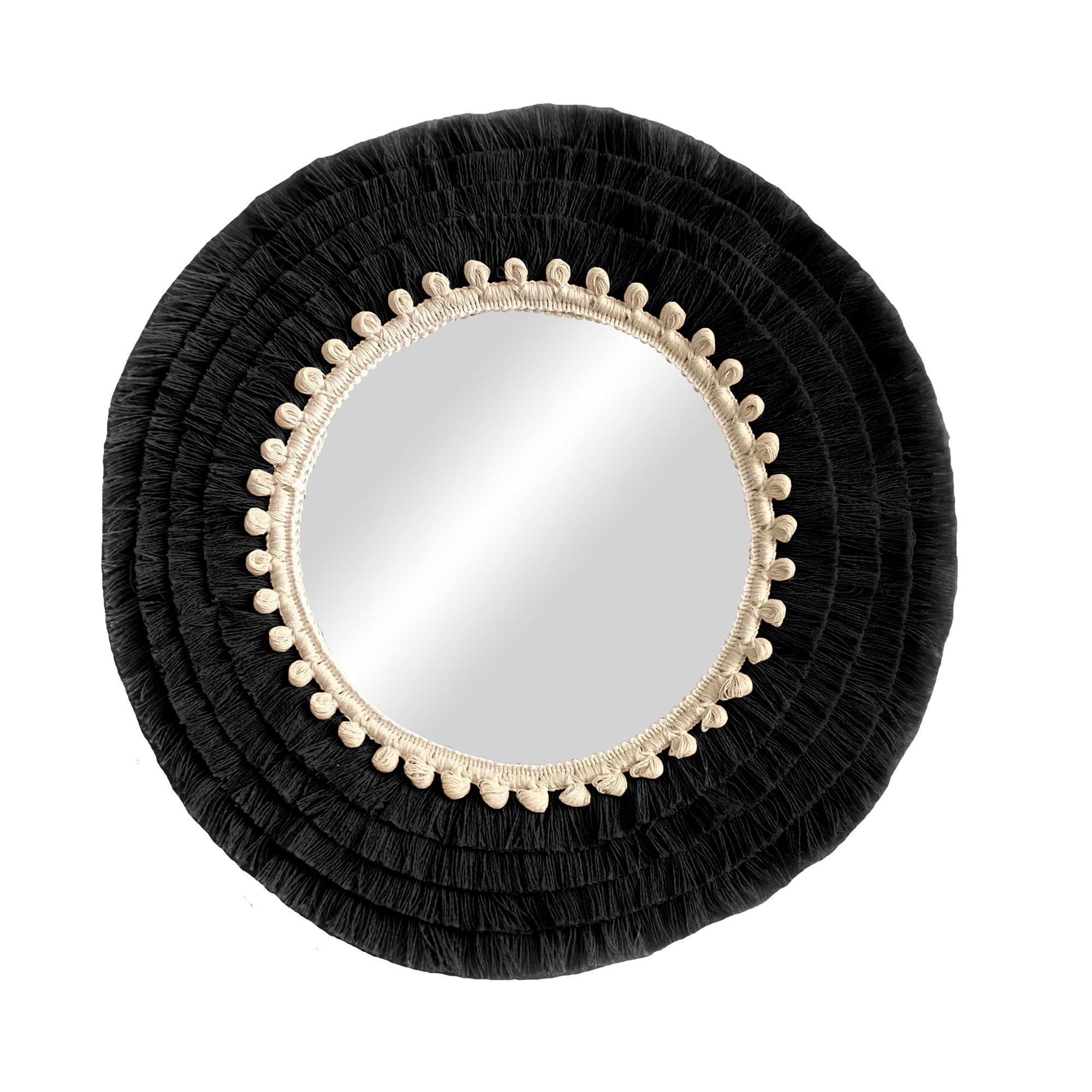 Espejo redondo con flecos de algodón y fibras naturales decoración ...