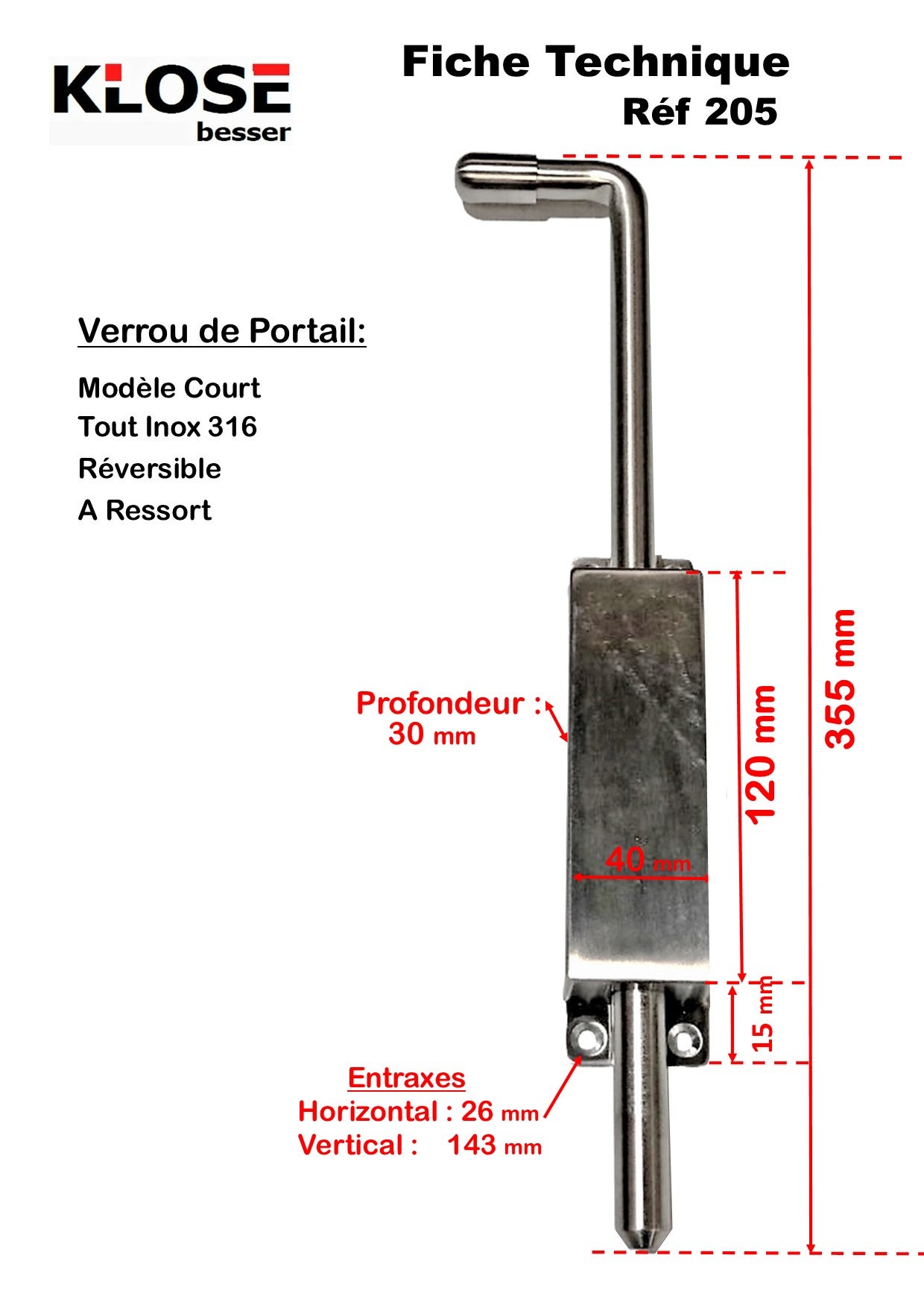 Verrou Baïonnette Tout Inox 316 Klose besser à Ressort pour Portails ...