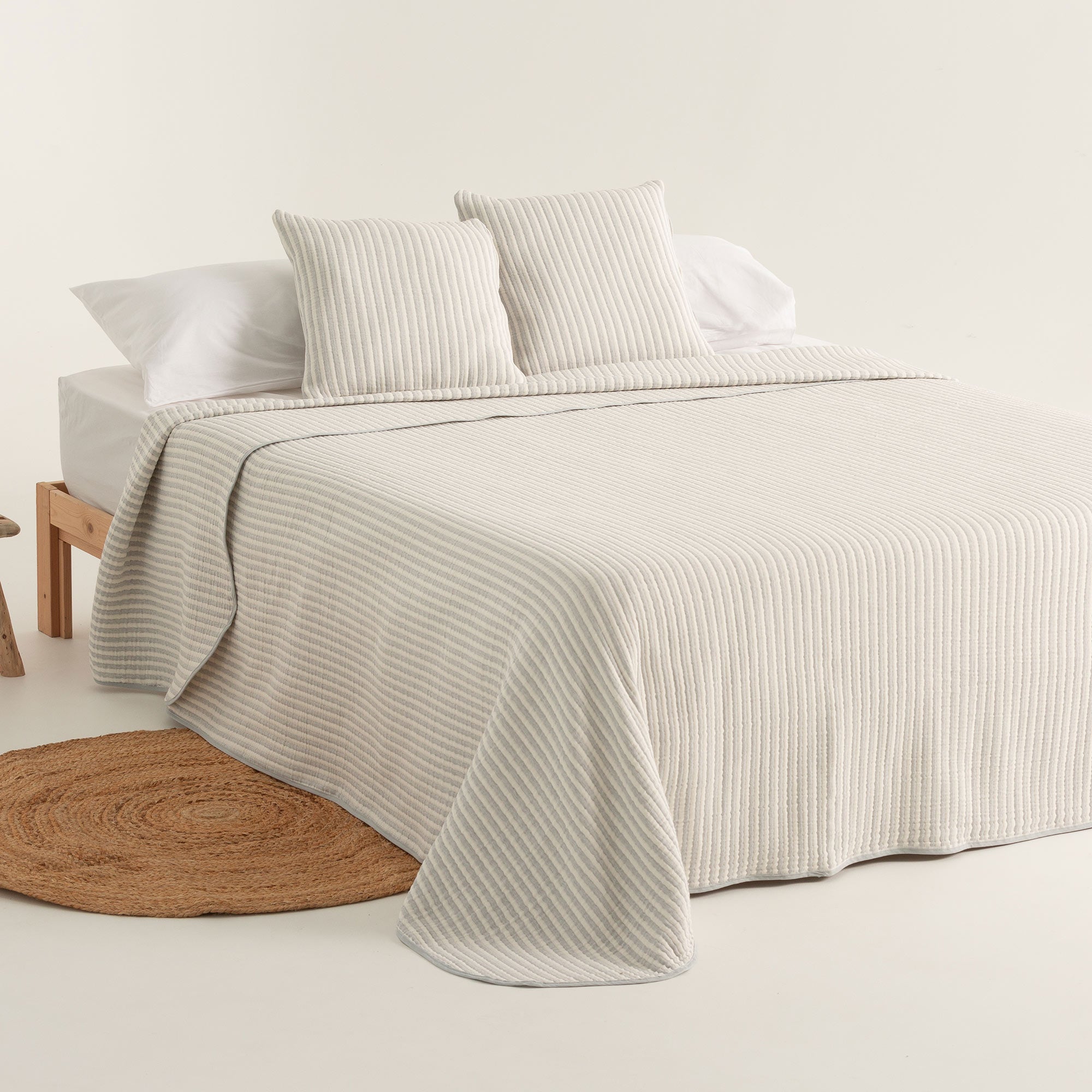 Colcha cama 135 ligera algodón jacquard rayas suave entretiempo gris ...