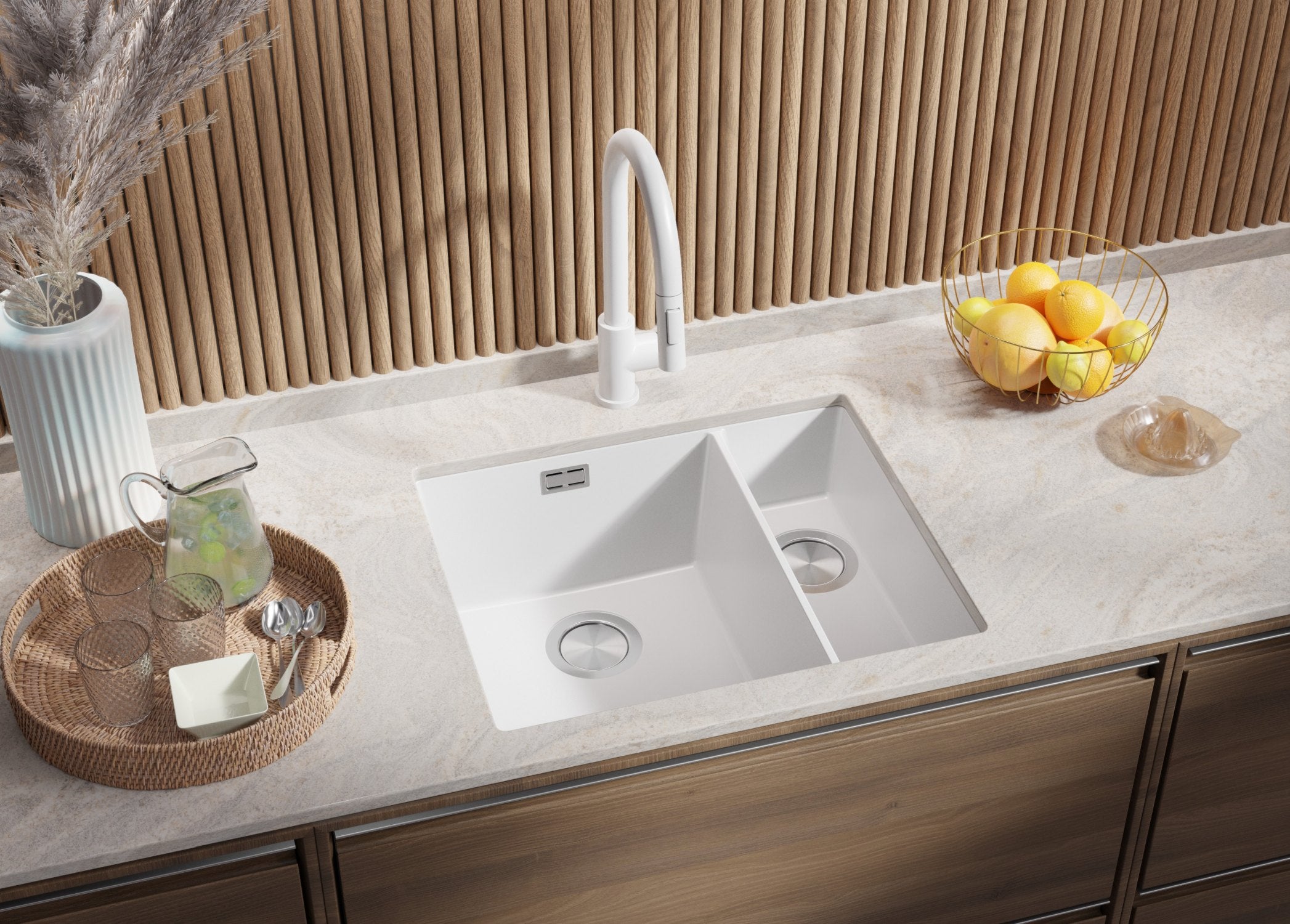 Evier Sous Plan Blanc 56x47cm, Evier en Granit 1,5 bacs + Kit de Vidage ...