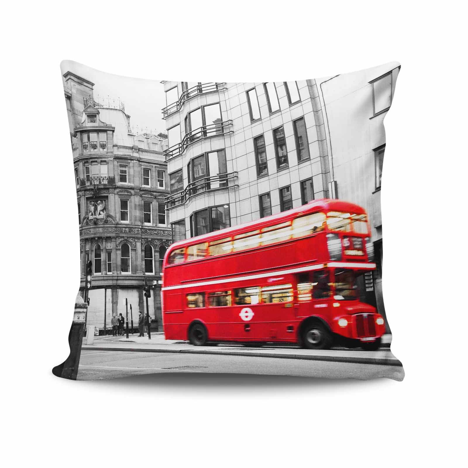 Coussin Carnaby 43x43cm Tissu Motif Bus londonienne Rouge, Noir et ...