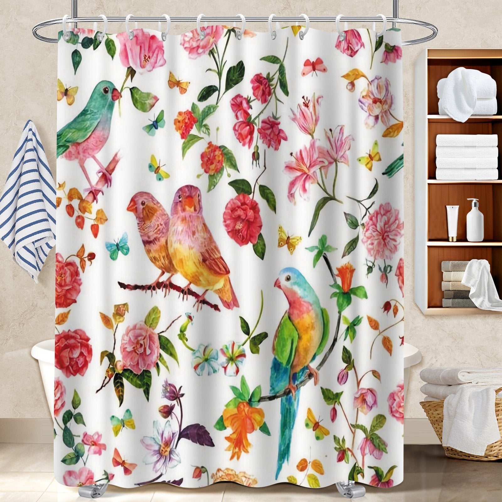 Ensemble rideau de douche polyester avec anneaux motif papillons ...
