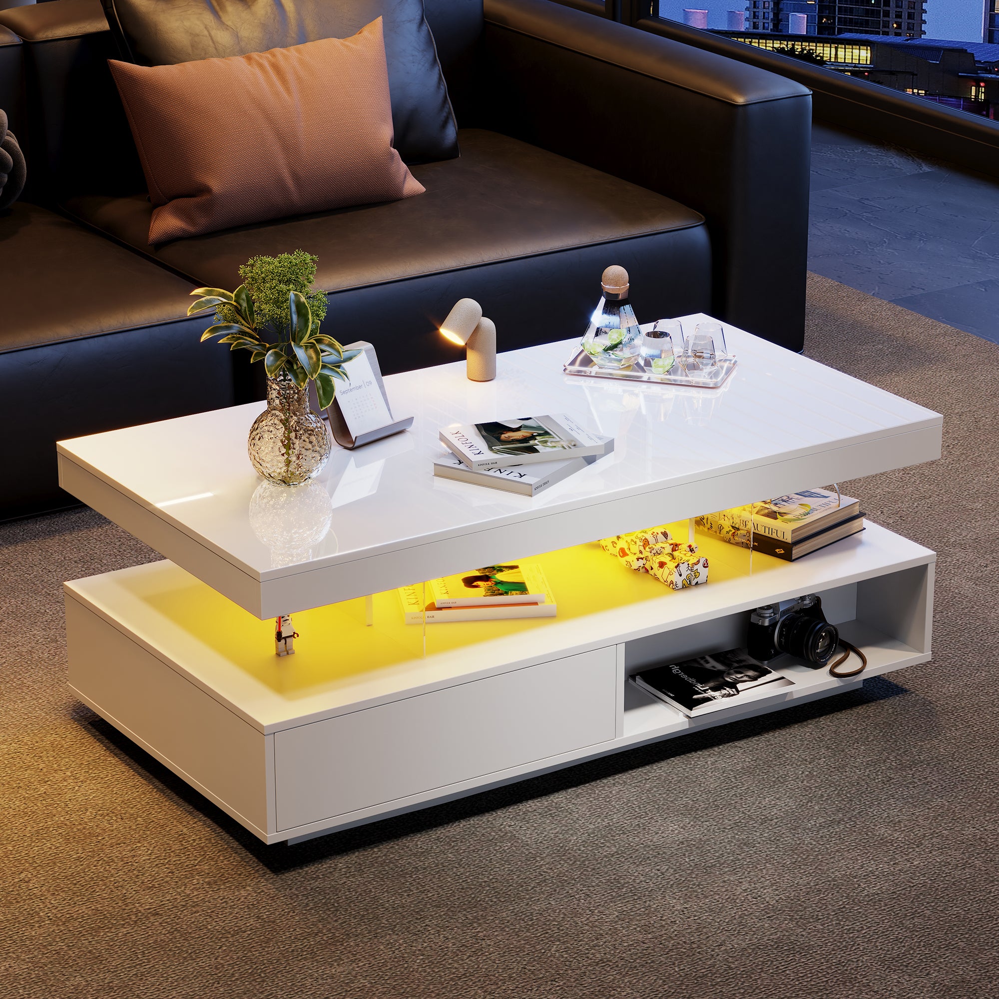 Table Basse Brillante 95x50x42,5 cm avec 2 Tiroirs, 4 Inserts en Verre ...