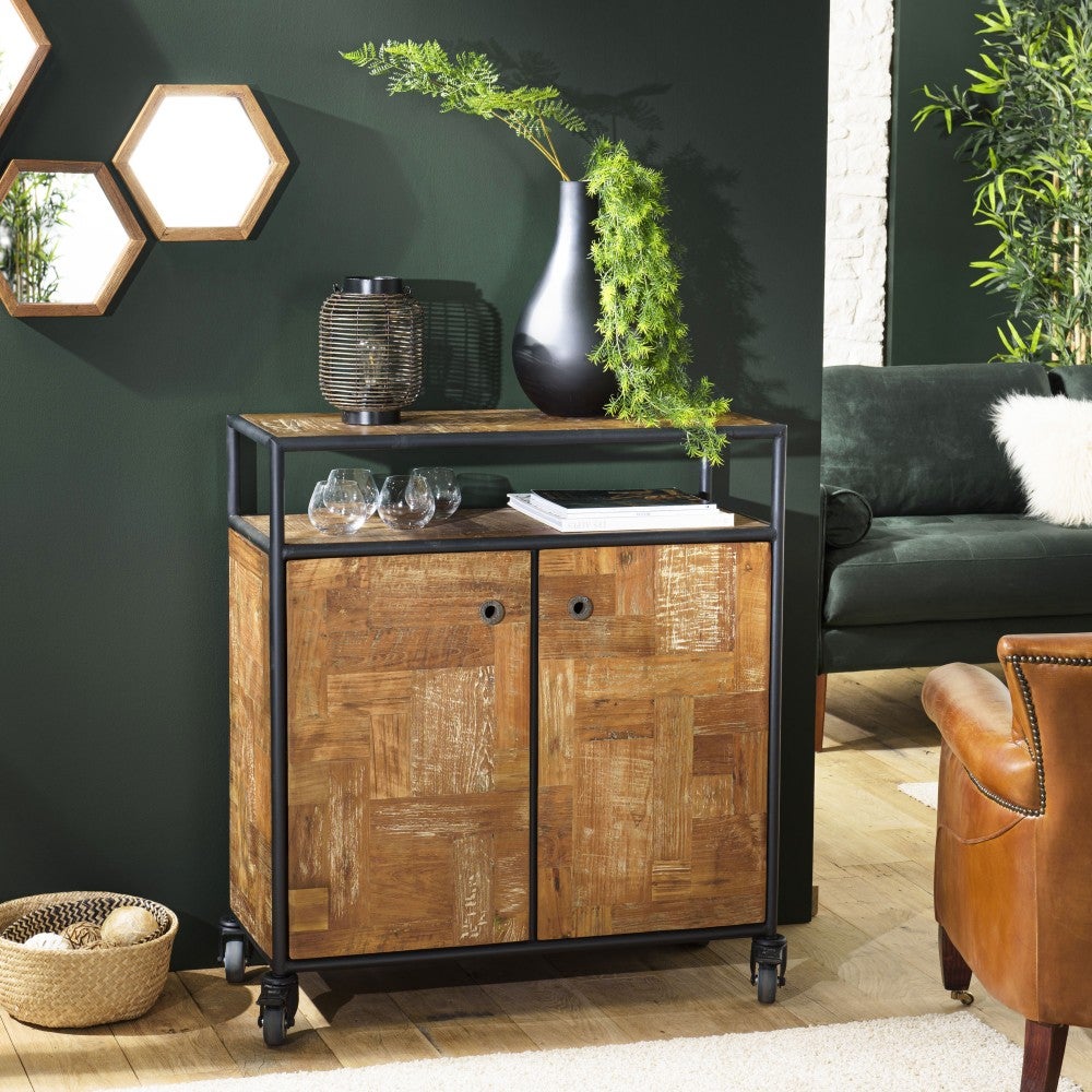 SIXTINE - Buffet marron à roulettes 2 portes 1 étagère bois teck ...