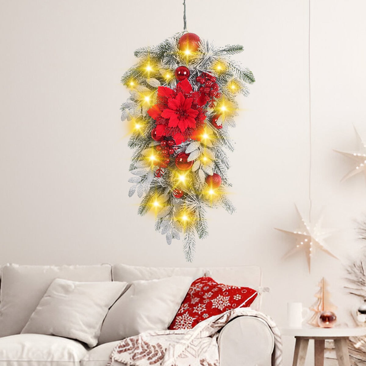 Corona navideña invertida iluminada de 50cm con ramas de pino ...