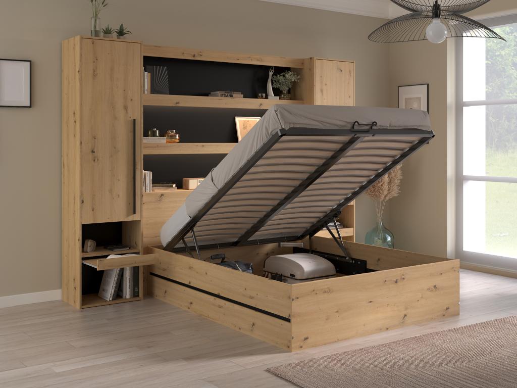 Lit coffre avec pont 140 x 190 cm - Coloris : Naturel et noir + Matelas ...