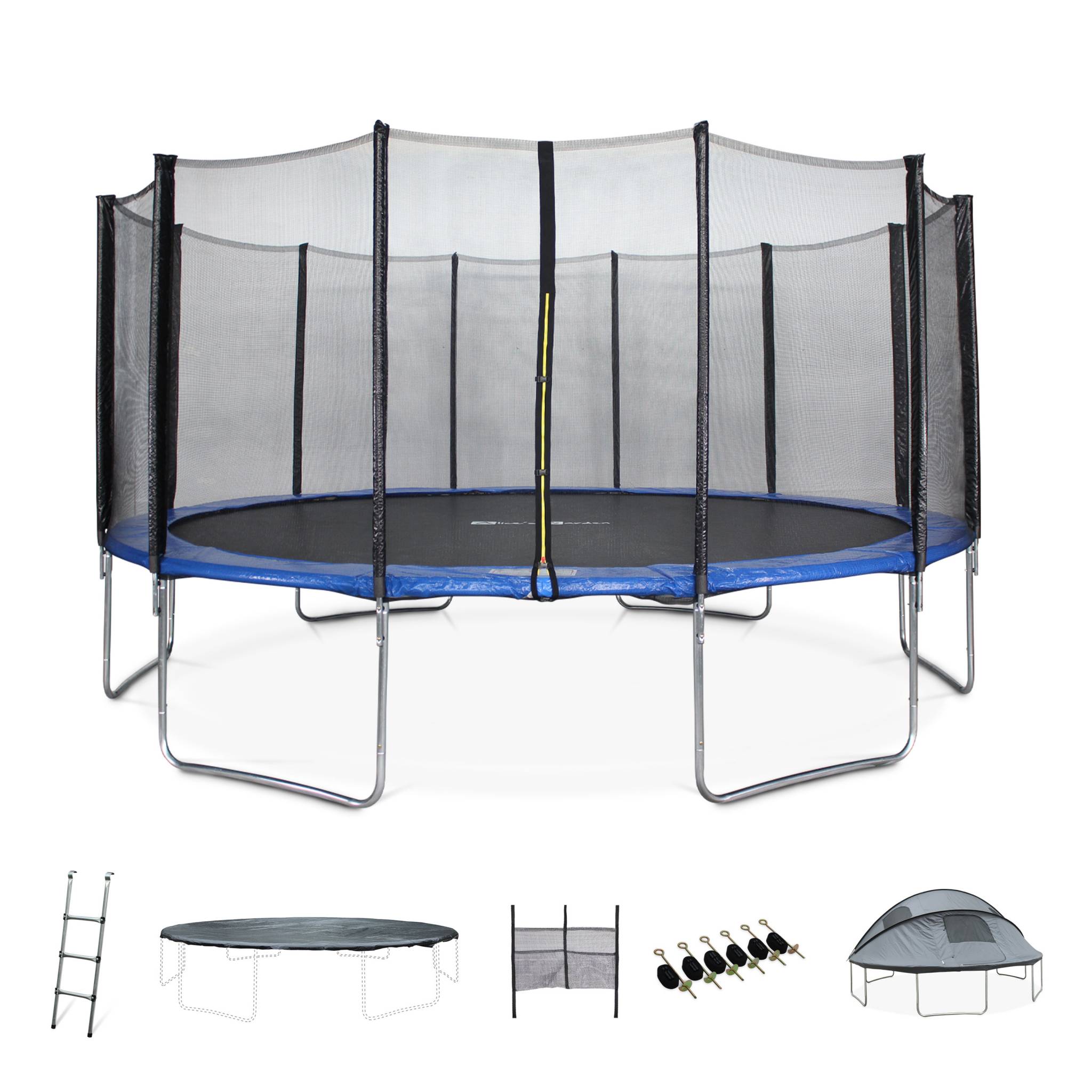 Trampoline 490cm bleu avec pack d'accessoires + Tente de camping ...