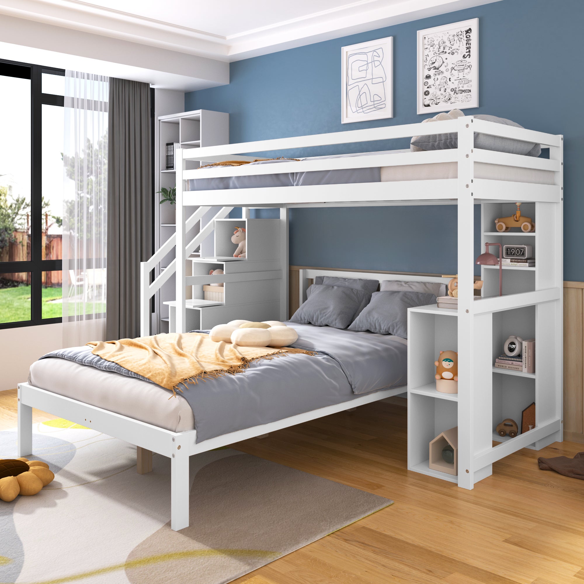 Lit superposé enfant 90x200 cm + 120x200 cm - avec escalier de ...