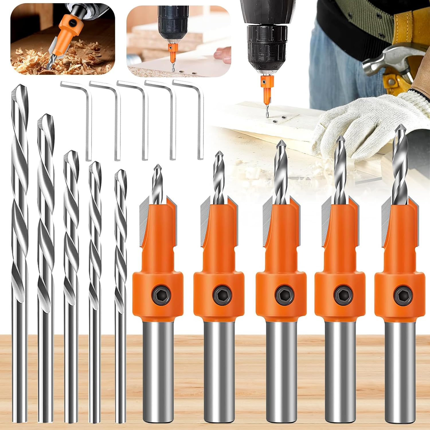 10 Pièces Foret à Fraiser Bois, Avec Jeu de Forets à Chanfreiner Bois ...