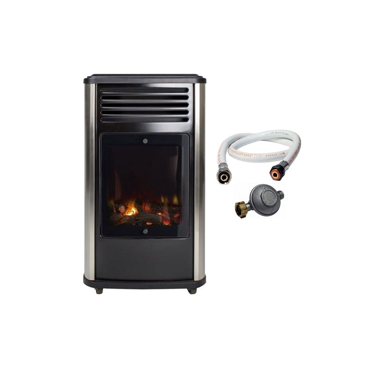 Chauffage à gaz 3.4 KW mobile Noir Effet feu + Tuyau gaz + Détendeur ...