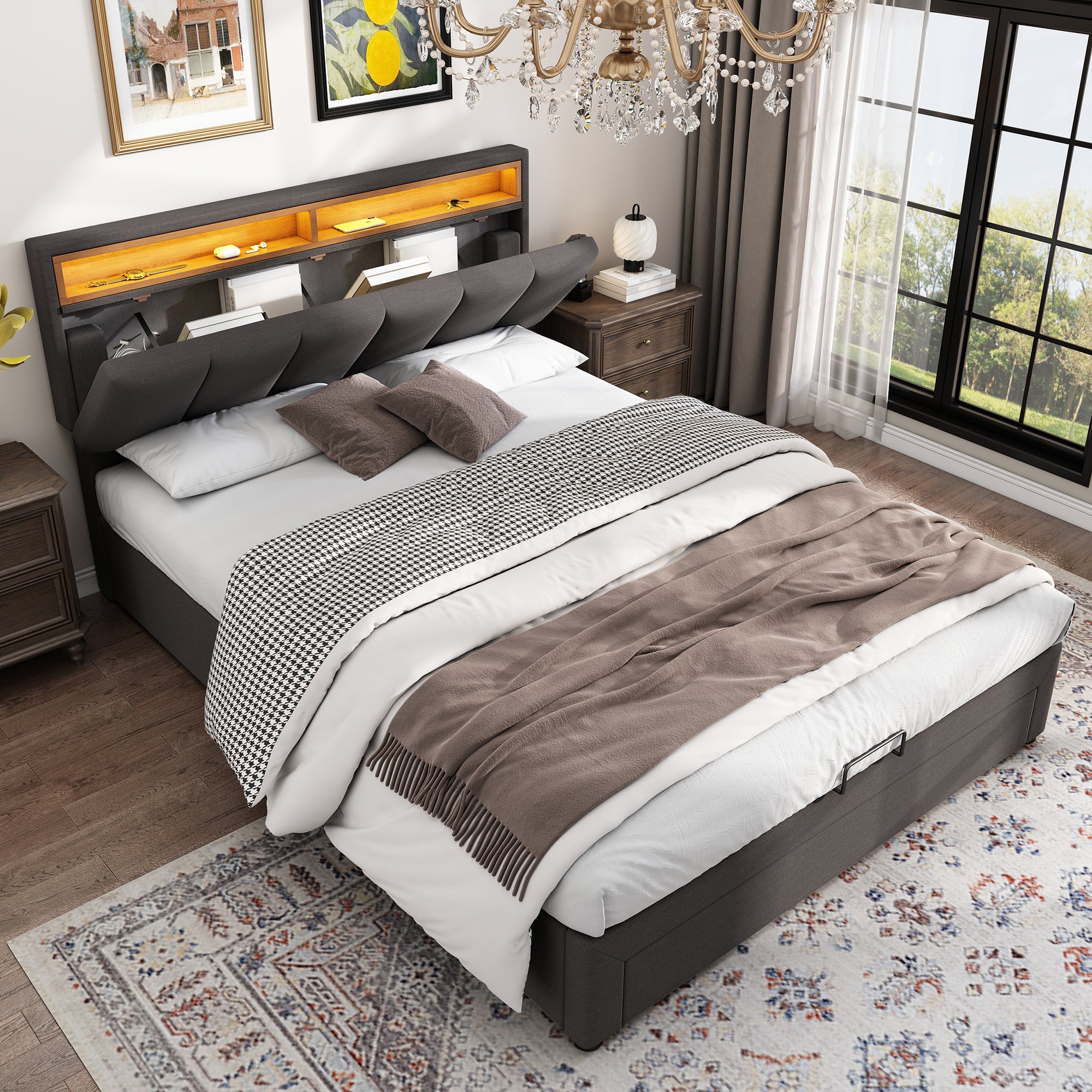 Lit coffre Lit adulte Lit double Lit led 140 x 200 cm avec 2 tiroirs ...