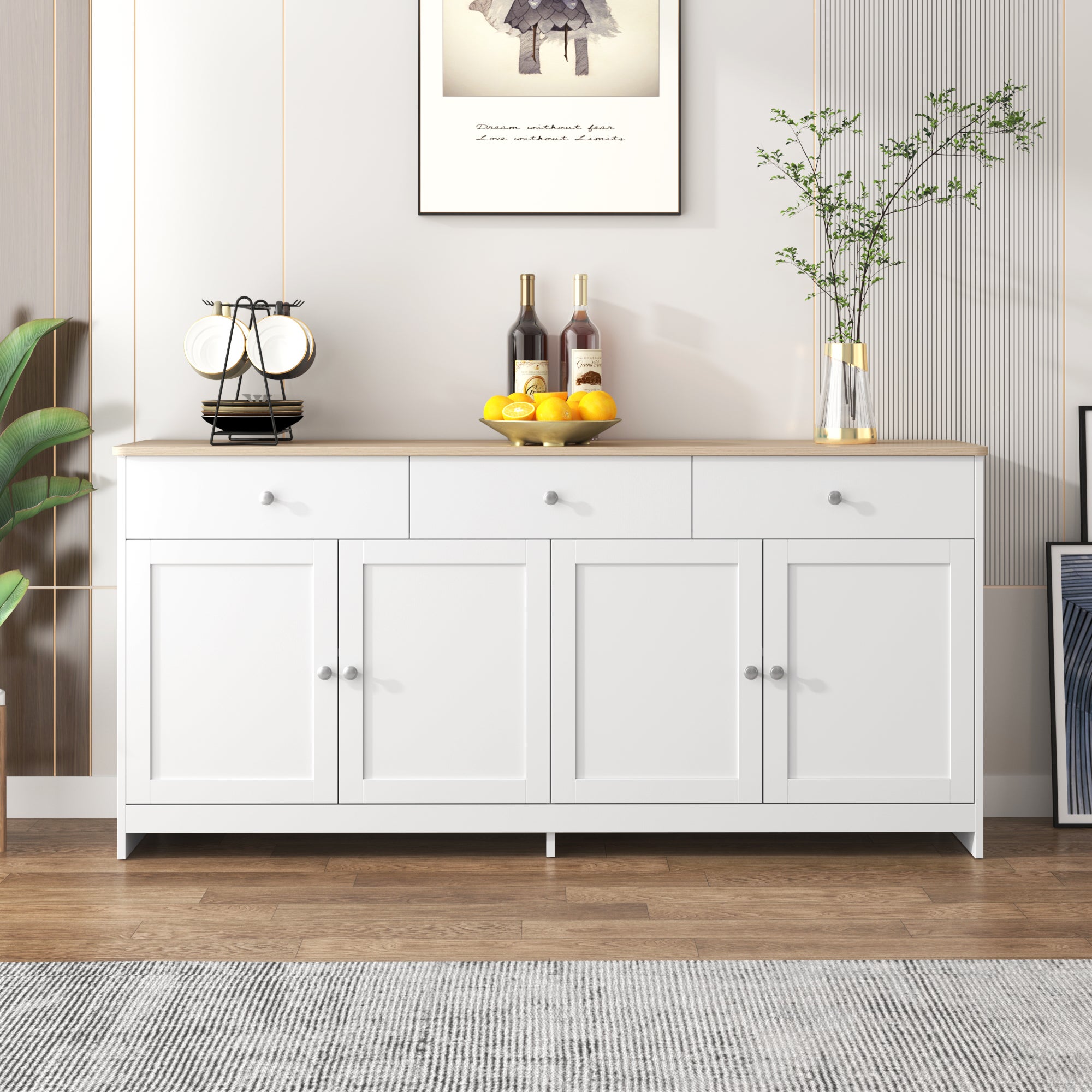 Buffet bas avec 4 portes et 3 tiroirs - bois MDF - décor chêne et blanc ...