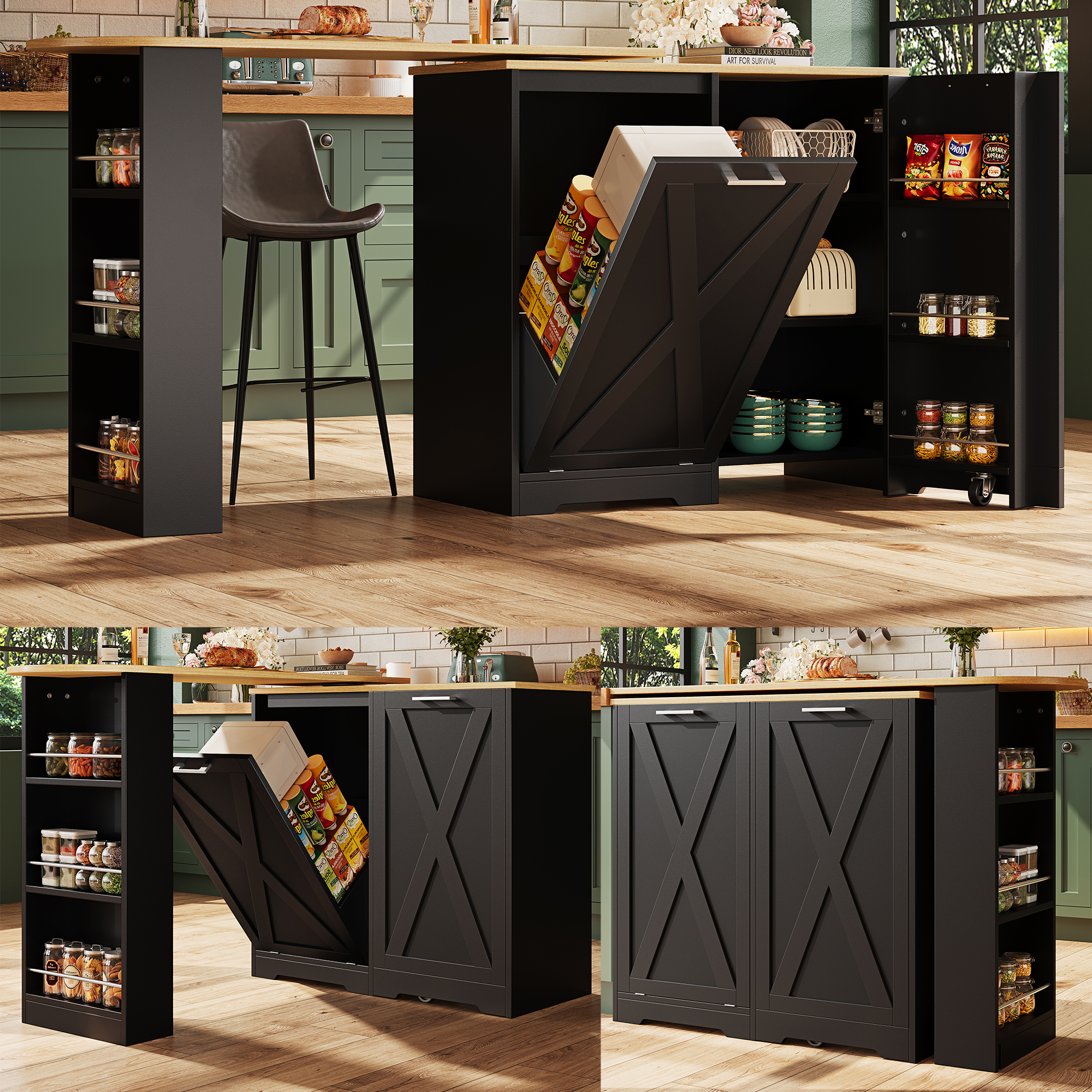 Buffet girevole 360° nero estensibile 138–203×38×105,5 cm con anta ribaltabile e ripiani ...