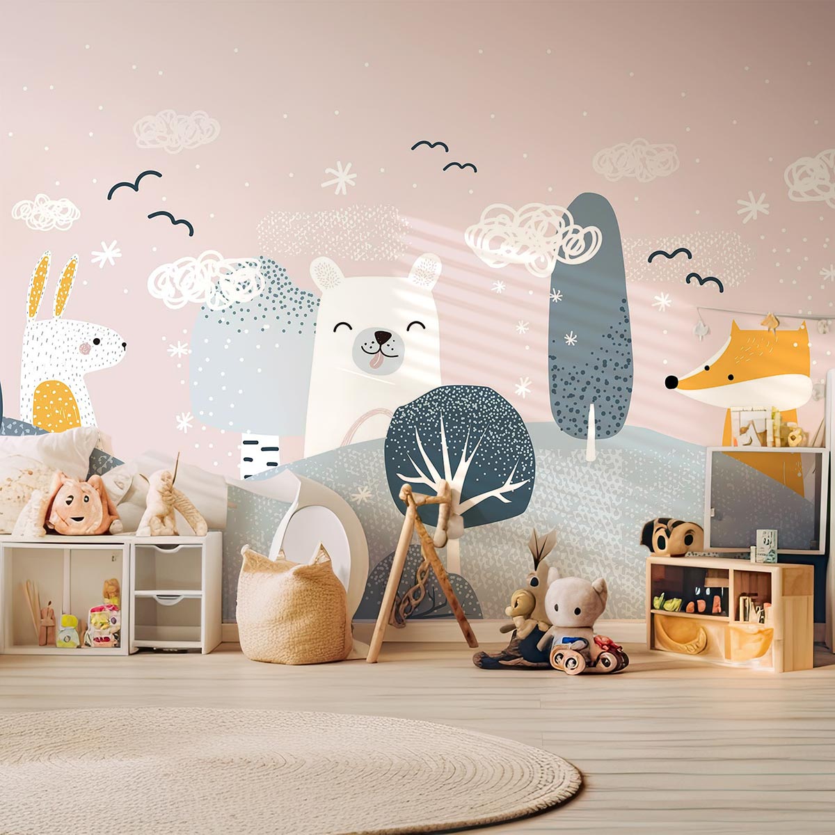 Papier peint enfant forêt douce animaux scandinave pastel - 364x270cm ...