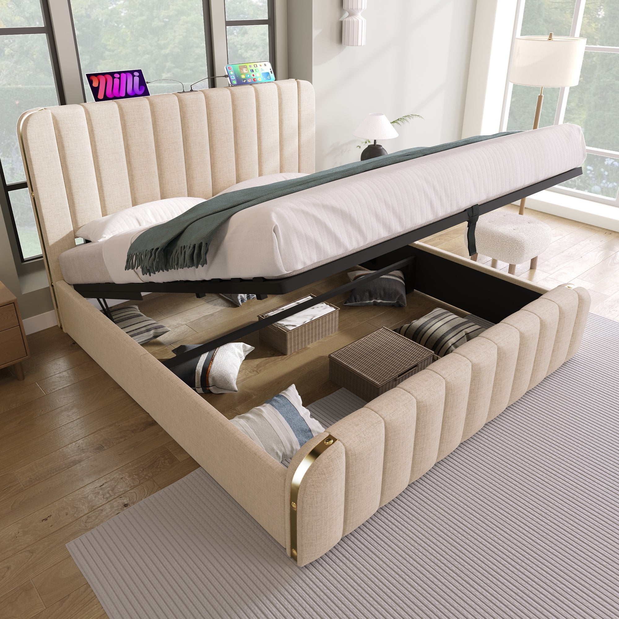 Cama doble de 160x200 cm con almacenaje, puerto USB/Tipo C, lino, beige ...