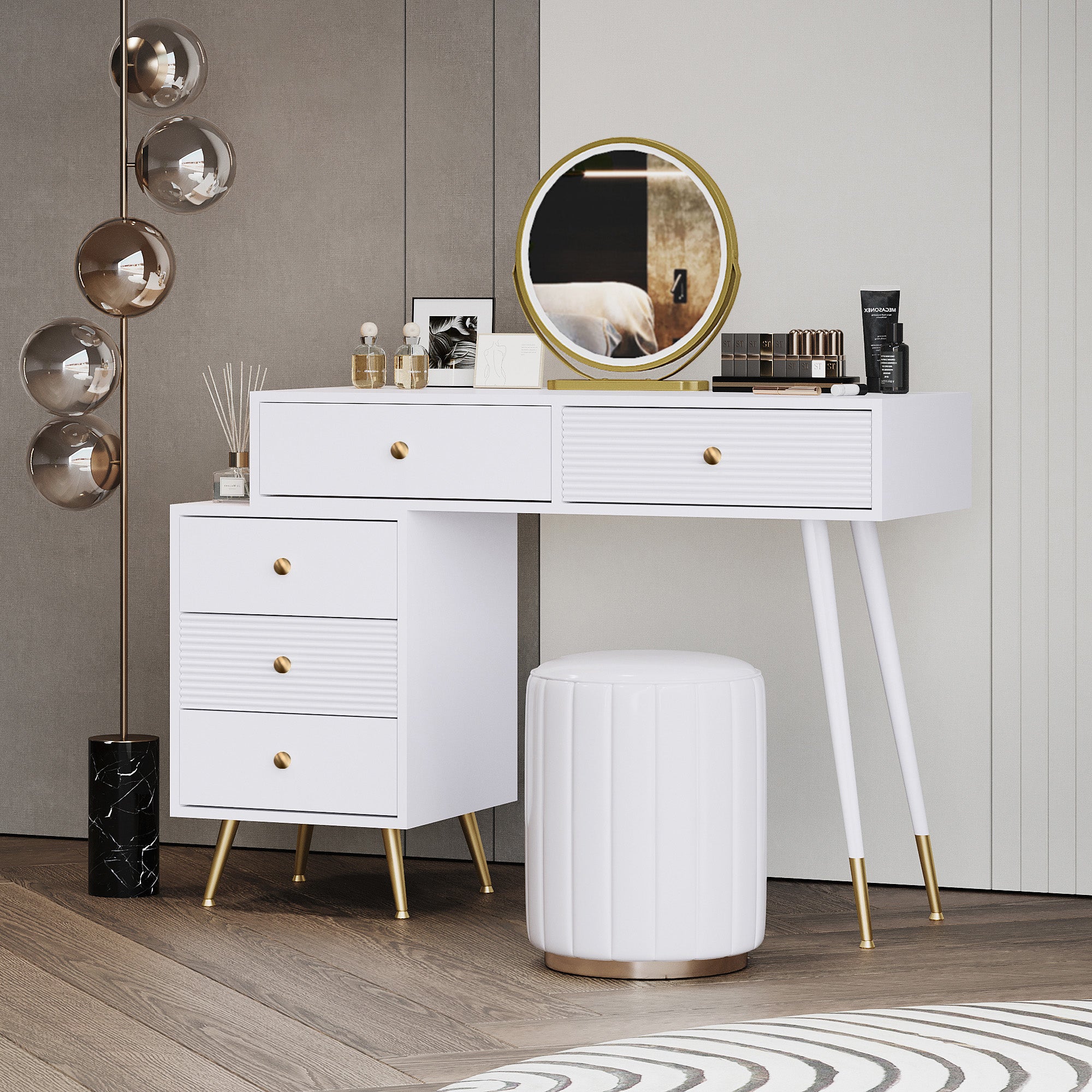 Coiffeuse avec éclairage LED et miroir, avec meuble latéral réglable et ...