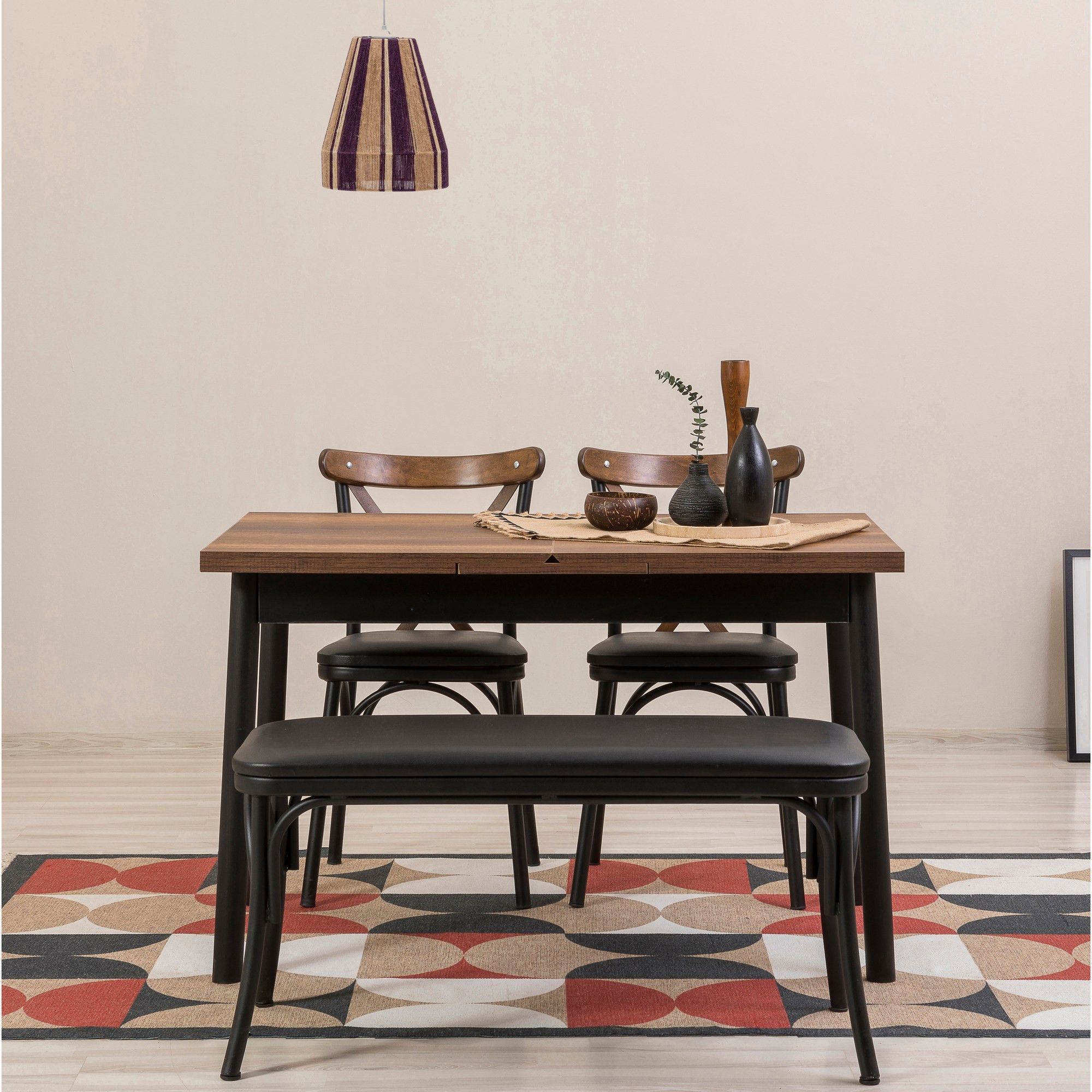 Ensemble 2 chaises, 1 banquette et 1 table extensible Iridus Noir et ...