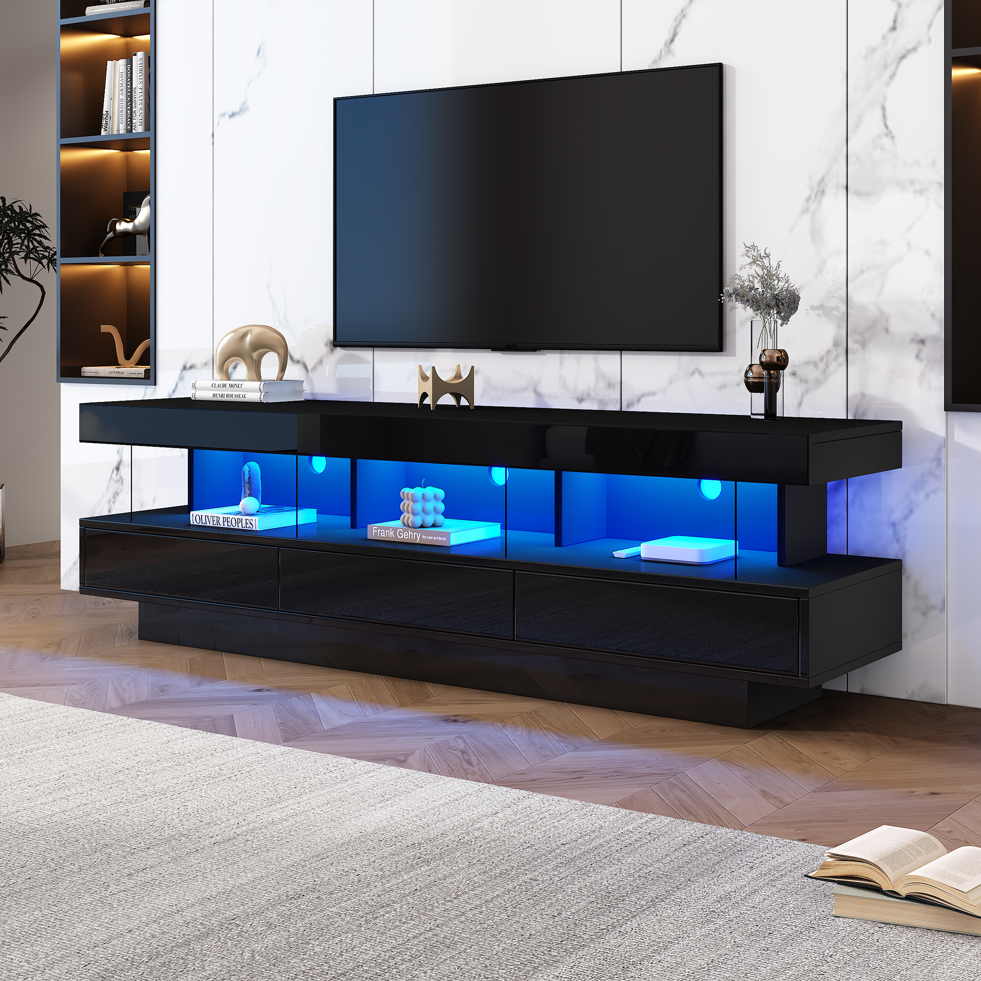 Mueble TV 160x38x50,5 cm, 3 cajones y 3 nichos, LED Bluetooth, Negro ...