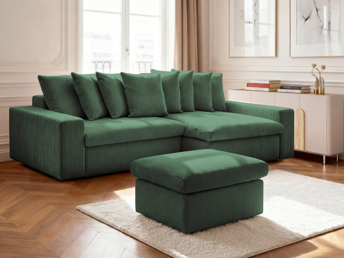 BOBOCHIC Canapé d'angle fixe ENORE velours côtelé avec pouf Vert foncé ...