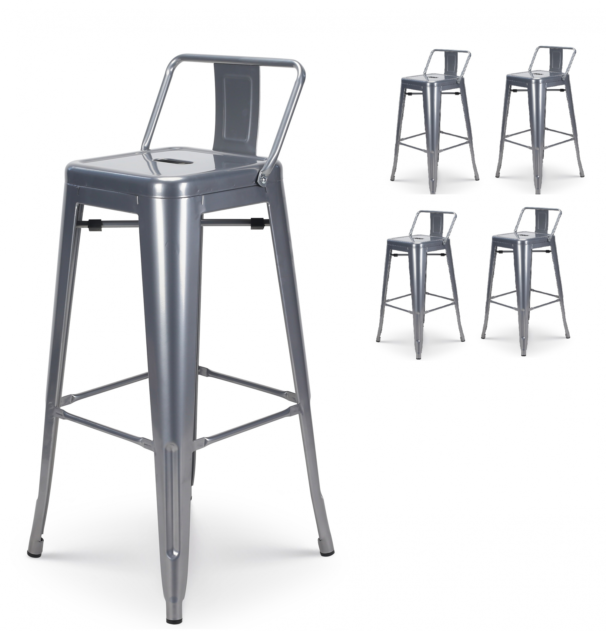 KOSMI - Lot de 4 tabourets de bar en métal silver avec dossier ...