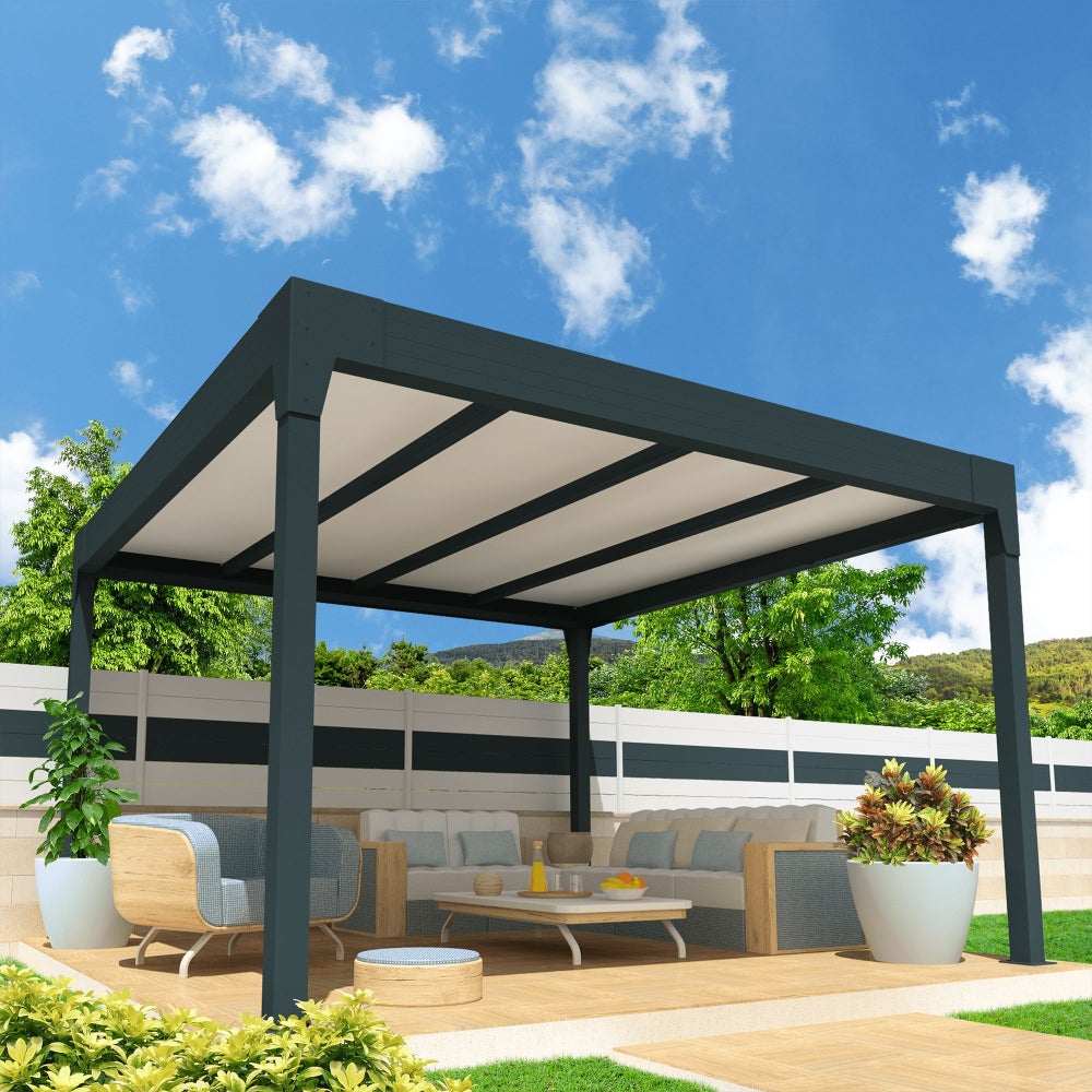 Pergola isotoit® MODERN îlot Gris anthracite 5,02x5,00m + LED 3 cotés ...