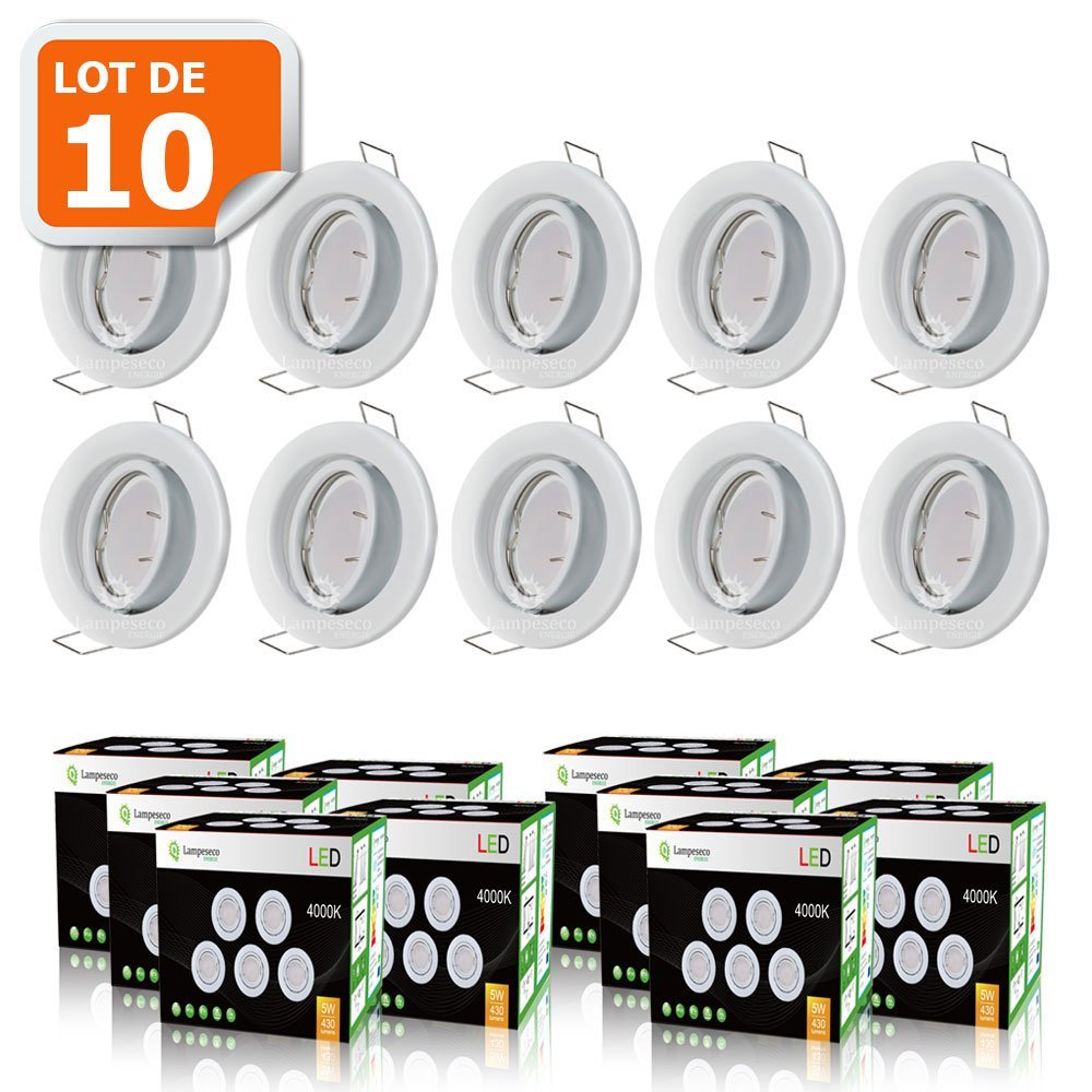 Lot de 10 Spot led encastrable complete orientable blanc avec ampoule gu10 230v eq. 50w, lumiere ...