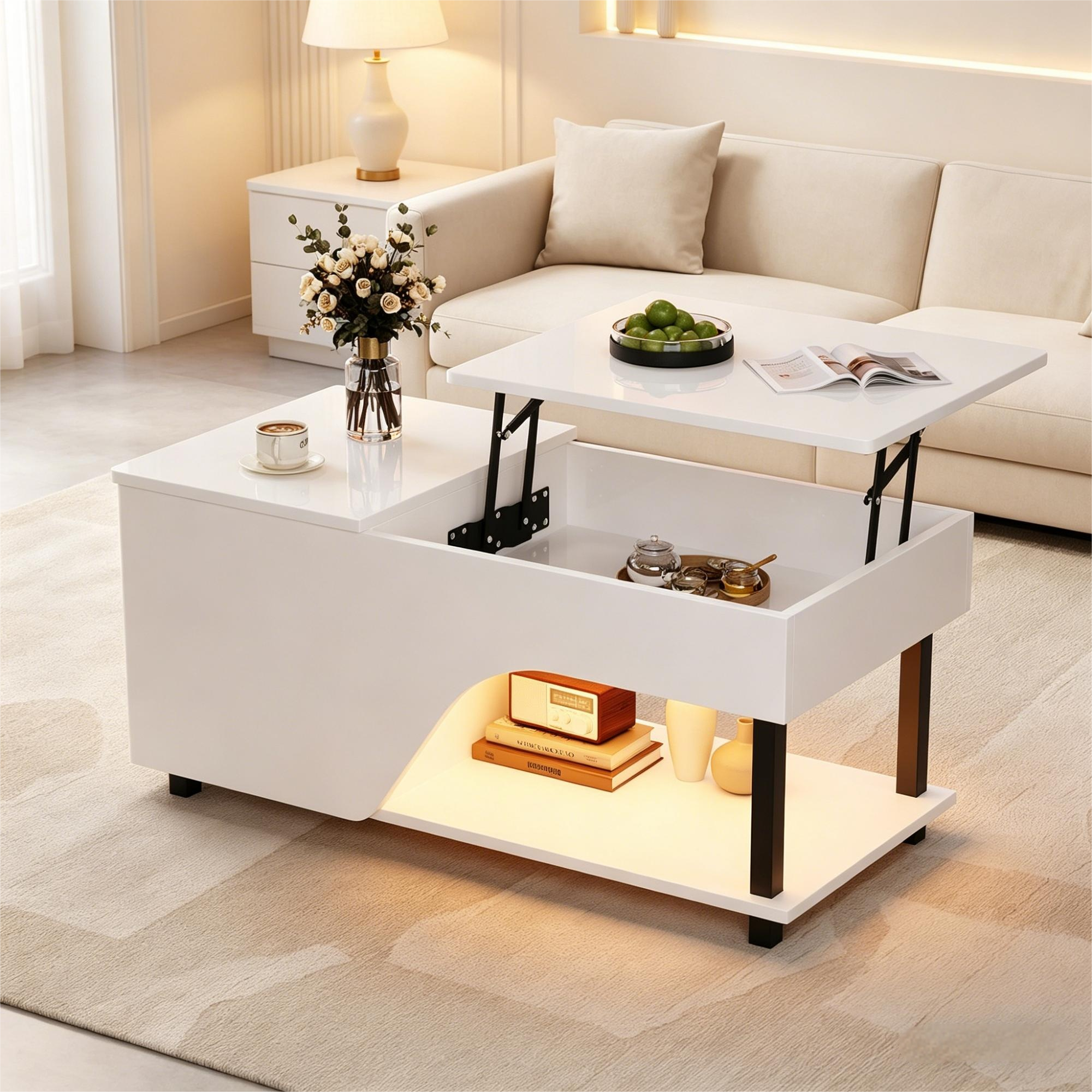 Table Basse Relevable 100x50x46-60 cm, Rangement Caché, Étagères, LED ...