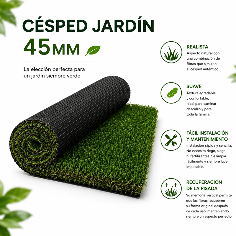 Césped Artificial Jardin 45mm - Efecto Natural - Rollo de 2x5m (10m² ...