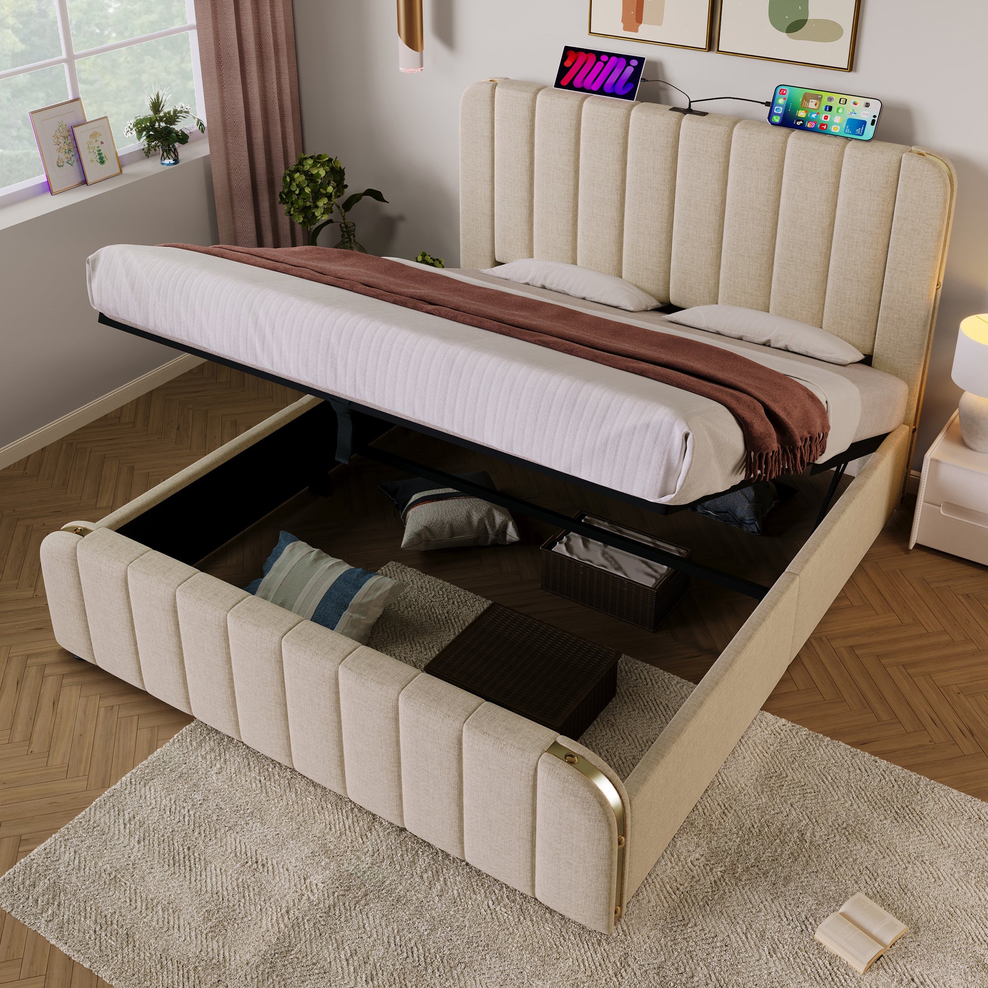 Lit Adulte Coffre 140x200 cm - Charge USB Type-C - Design Rayures ...