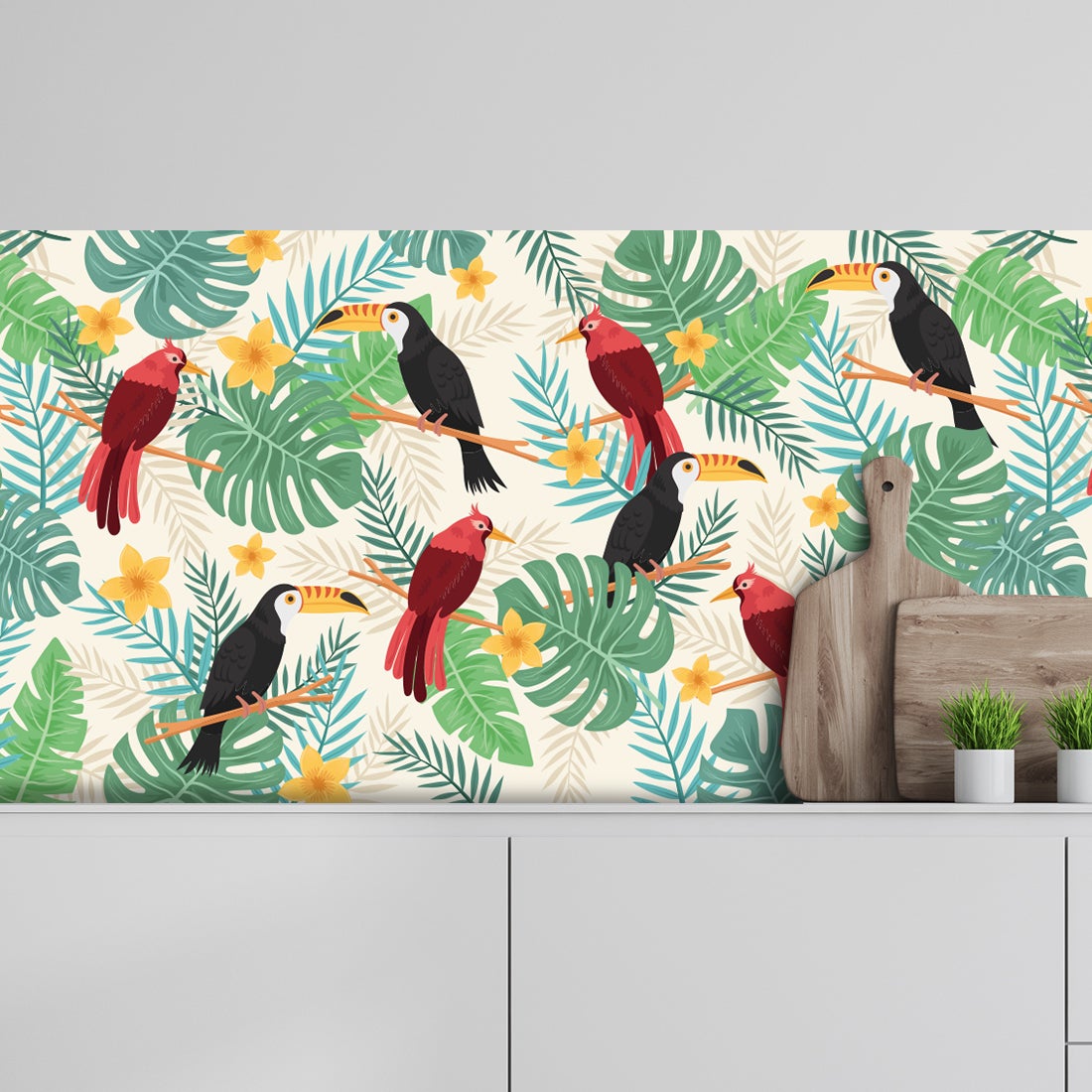 Credencia adhesiva en vinilo ignífugo Loro tropical 50x400cm | Leroy Merlin