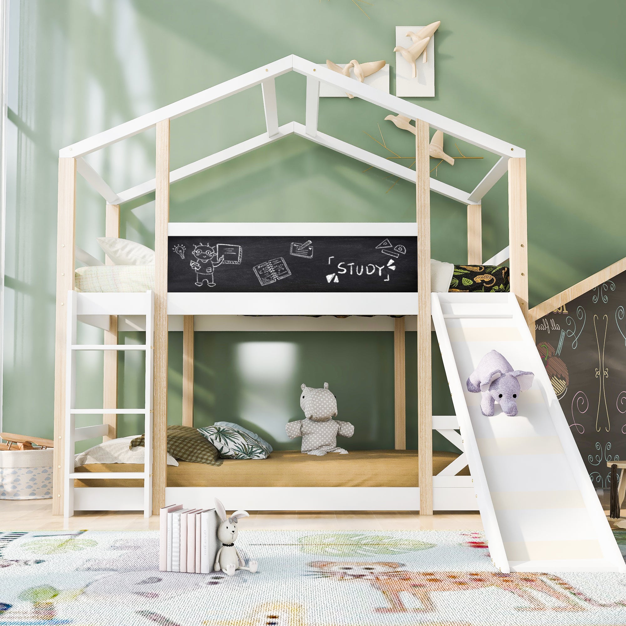Lit superposé enfant Lit cabane 90 x 200 avec toboggan et échelle - en ...