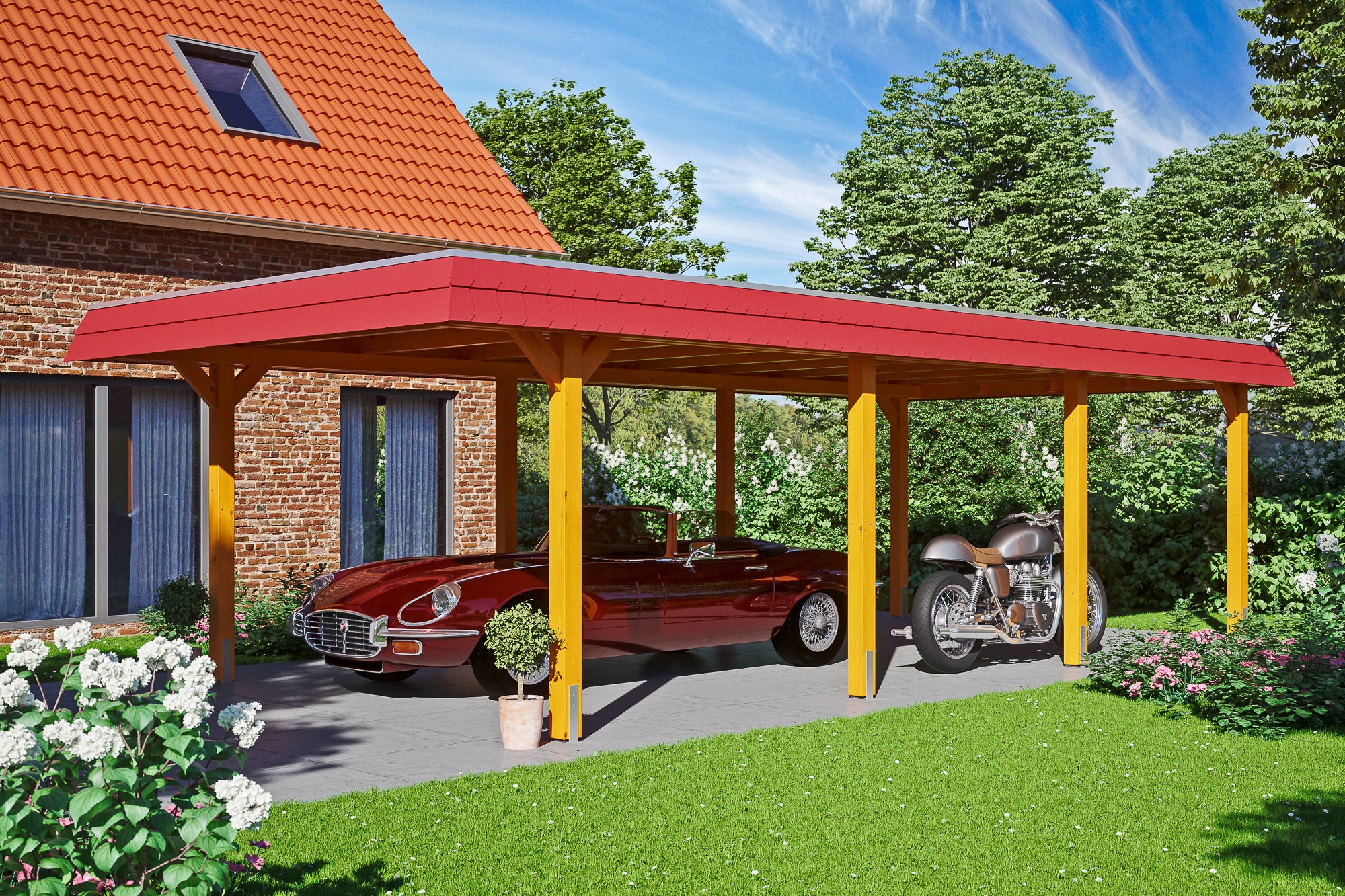 Carport bois SKAN HOLZ Wendland 409x870cm, toit en aluminium, bandeau rouge, bois lamellé-collé ...