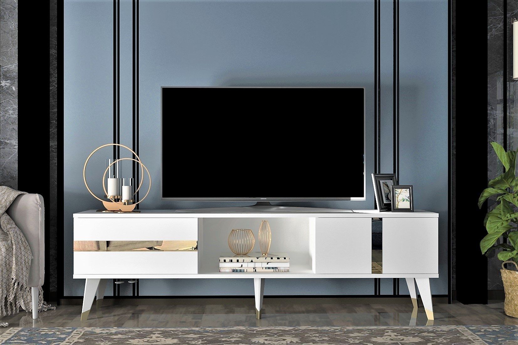 Meuble TV design Vanda L150cm Blanc et Effet miroir Or | Leroy Merlin