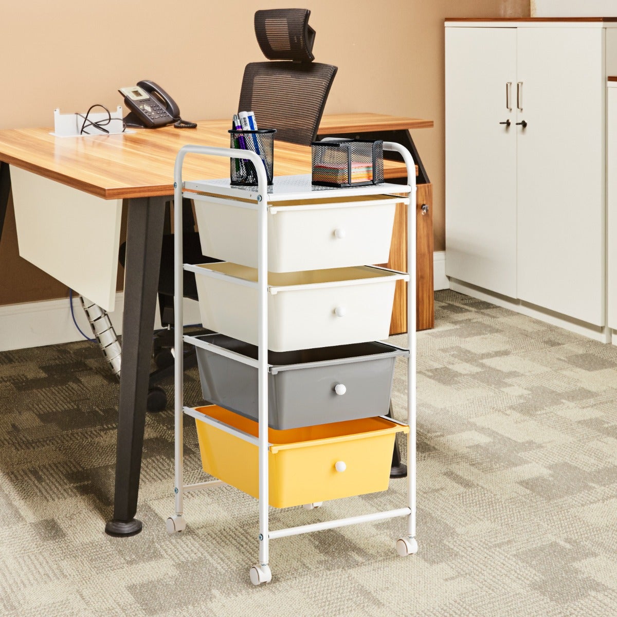 Chariot Rangement Roulettes 4 Tiroirs Plastiques Amovibles Métal ...