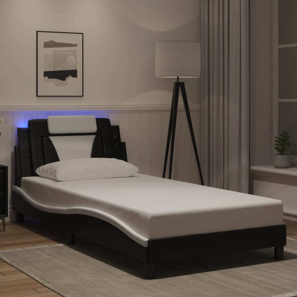VidaXL Estructura cama con LED cuero sintético negro blanco 100x200 cm ...