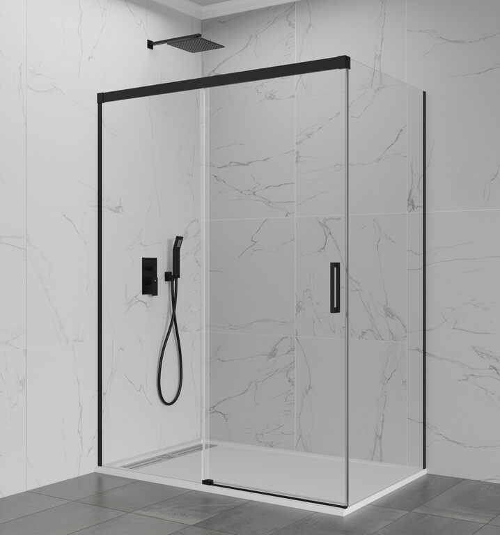 Paroi de douche frontale BASIC Fixe + Coulissante 125 cm + Latérale 80 cm Transparente Noir ...
