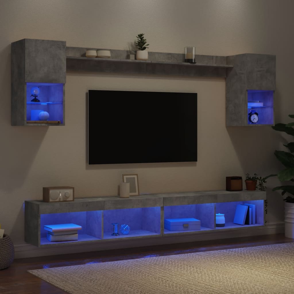 Muebles TV pared con LED 6 pzas madera ingeniería gris hormigón | Leroy ...