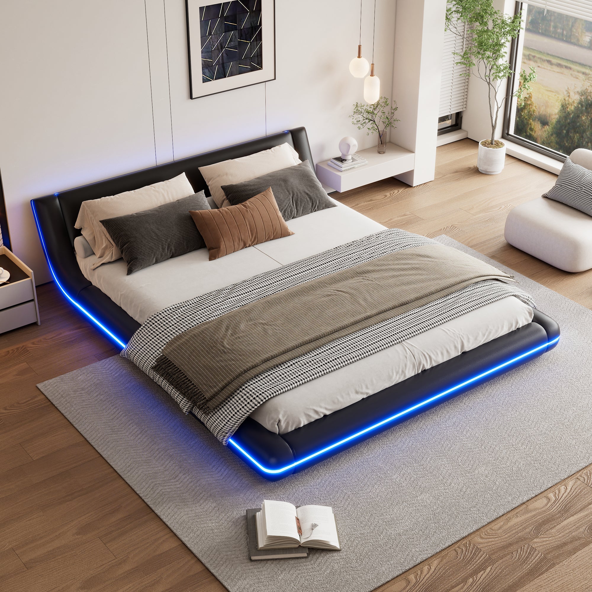 Lit bas 160x200 cm avec éclairage LED d'ambiance, revêtement PU, noir ...