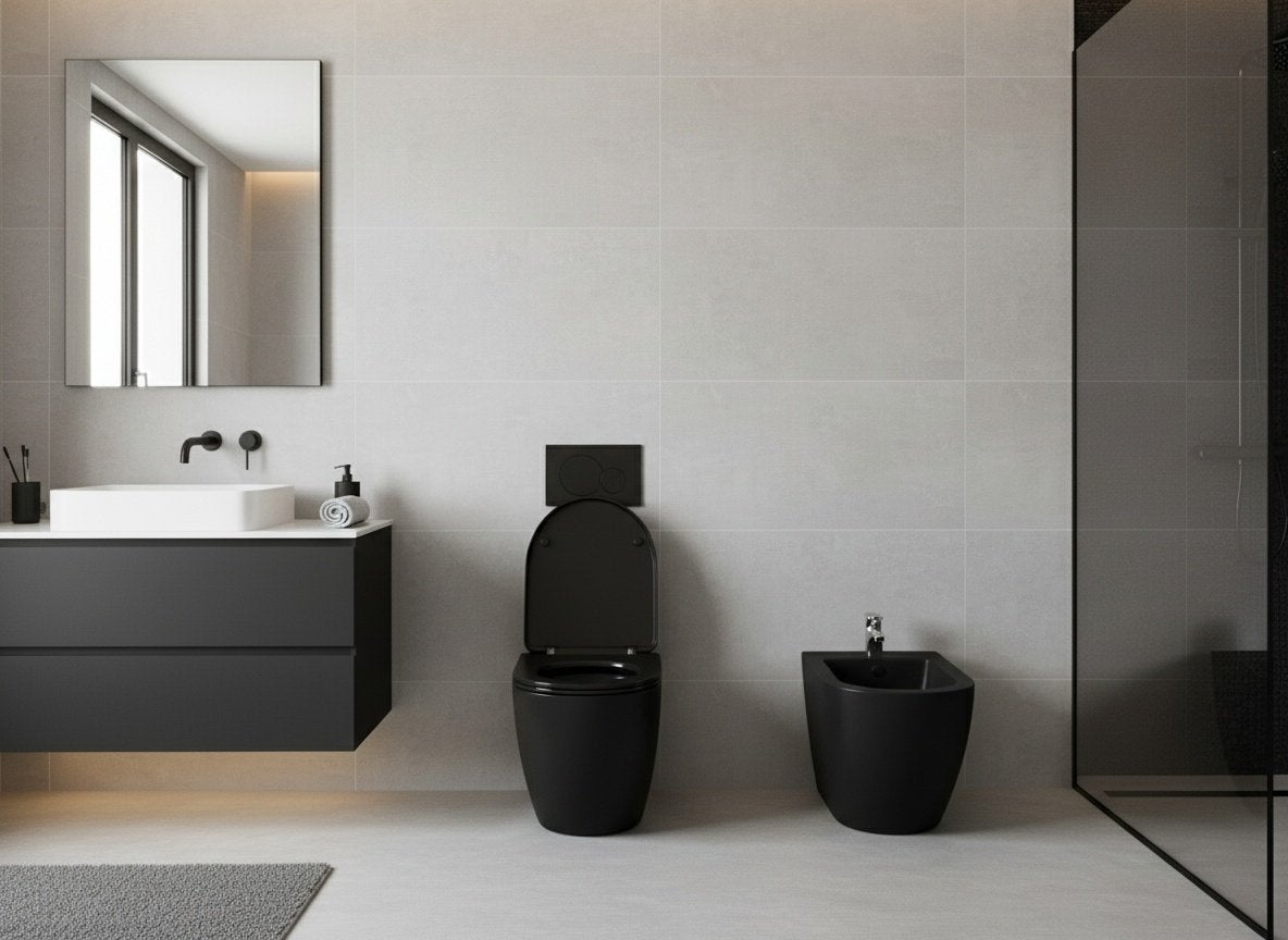 Paire de Sanitaires Bent Rimless – Cuvette + Bidet Mural au Sol Noir ...