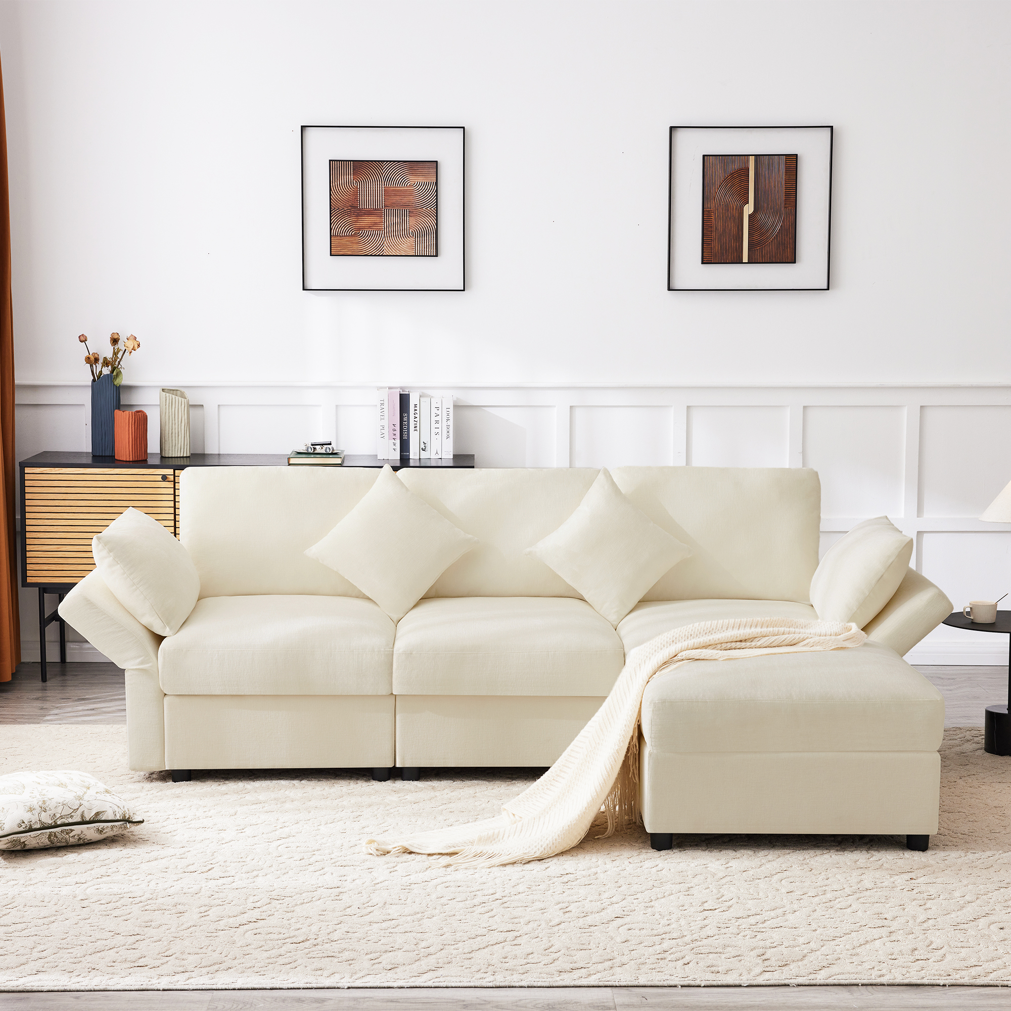 Canapé d'angle en L avec repose-pieds, comprenant quatre coussins, des accoudoirs réglables et ...