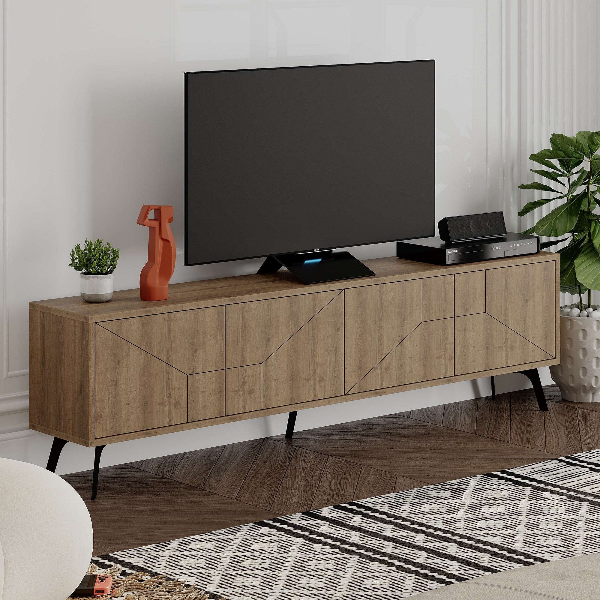 Meuble TV élégant avec pieds en métal, coloris Hitit, 180 cm | Panneau ...
