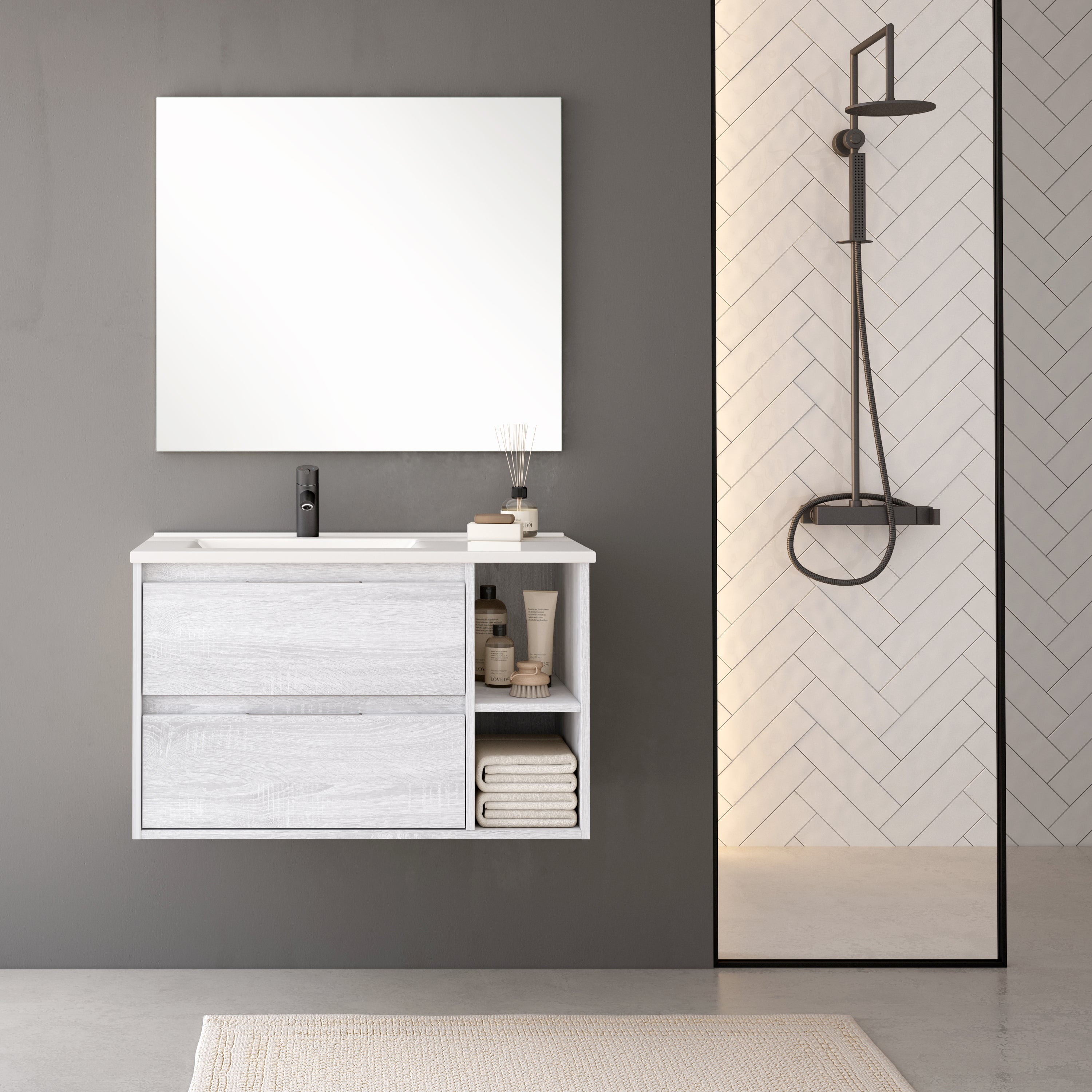 EGORE Pack Mueble de baño con Lavabo + Espejo METZ 2 Cajones Hibernian ...