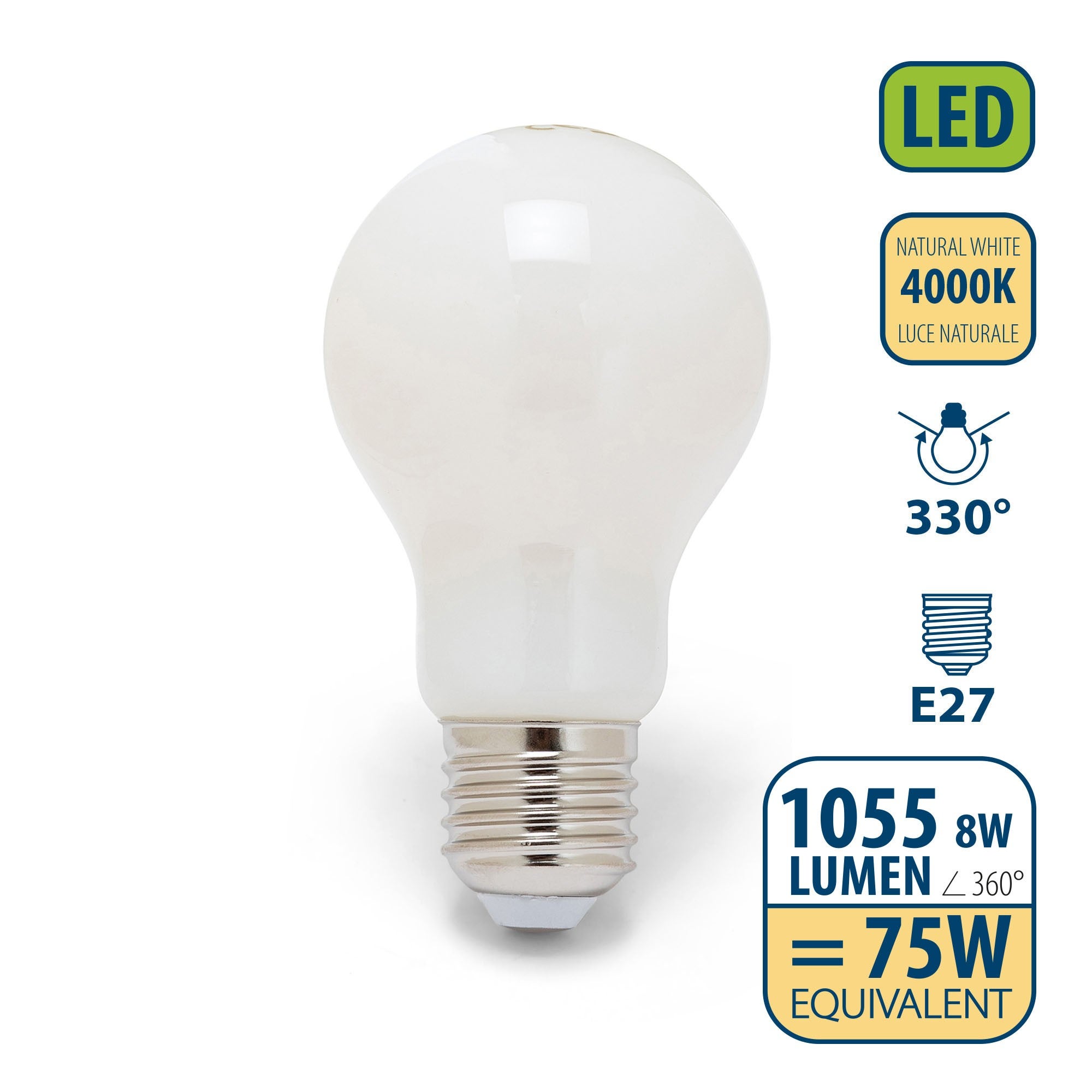 Ampoule à filament LED opale, standard A60, 8W / 1055lm, culot E27, 4000K | Leroy Merlin