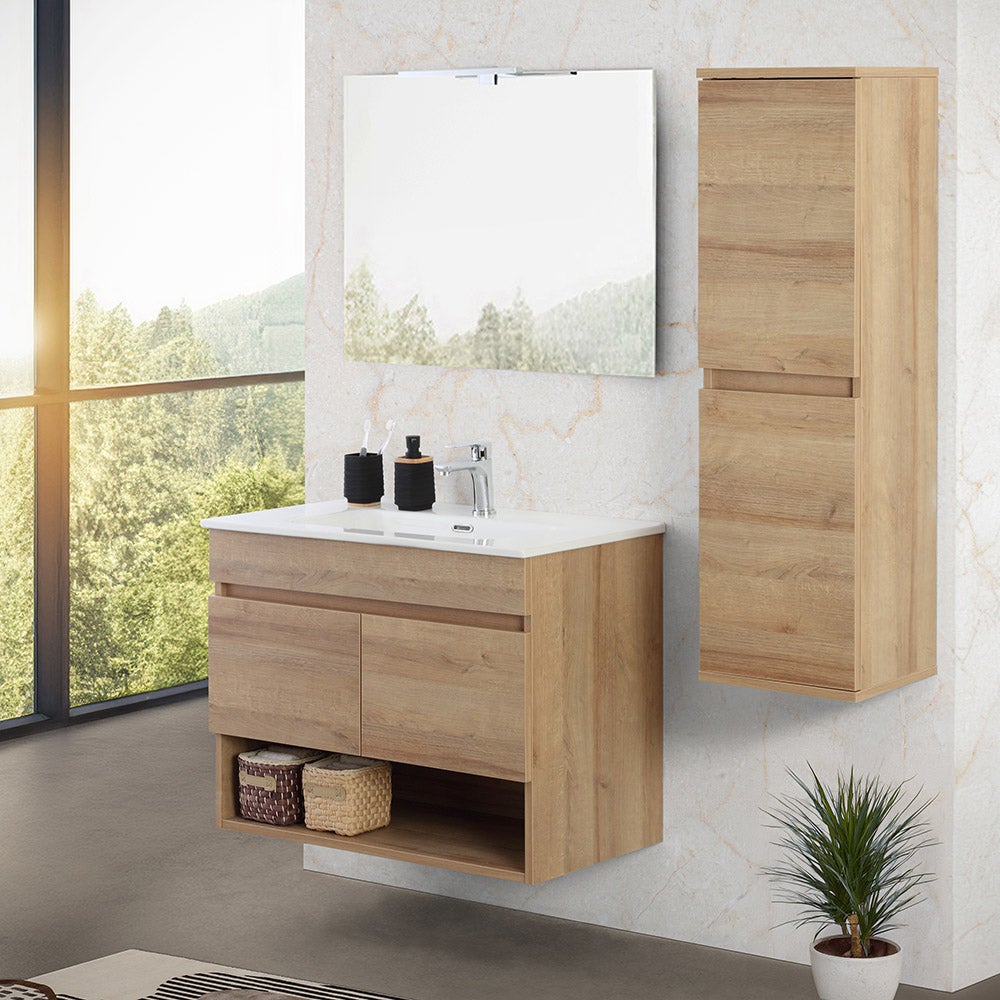 Mobile bagno sospeso 80 cm rovere africa con ante e vano a giorno Kleo ...