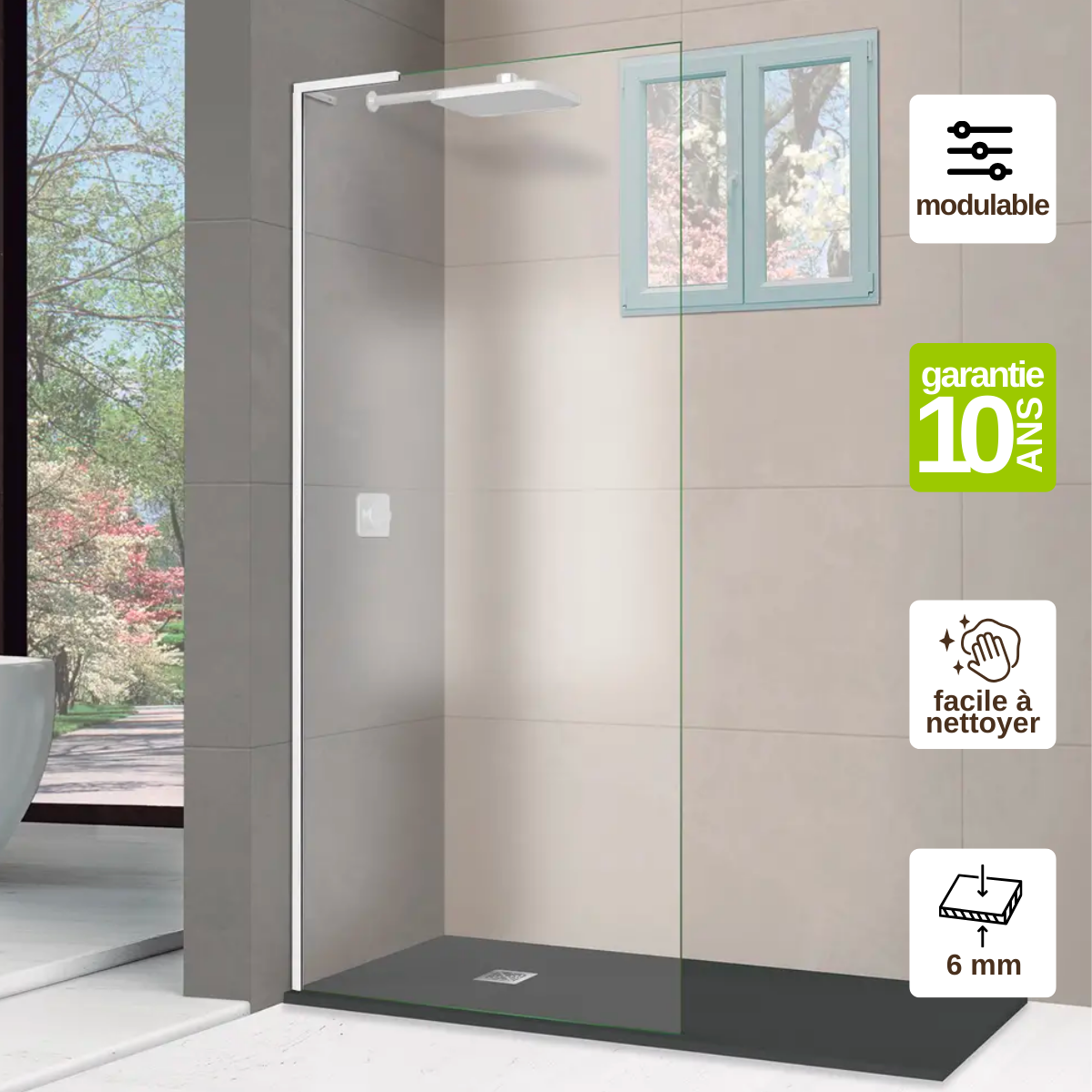 Paroi de douche fixle en verre Trempéé transparent ép 6mm anti calcaire ...