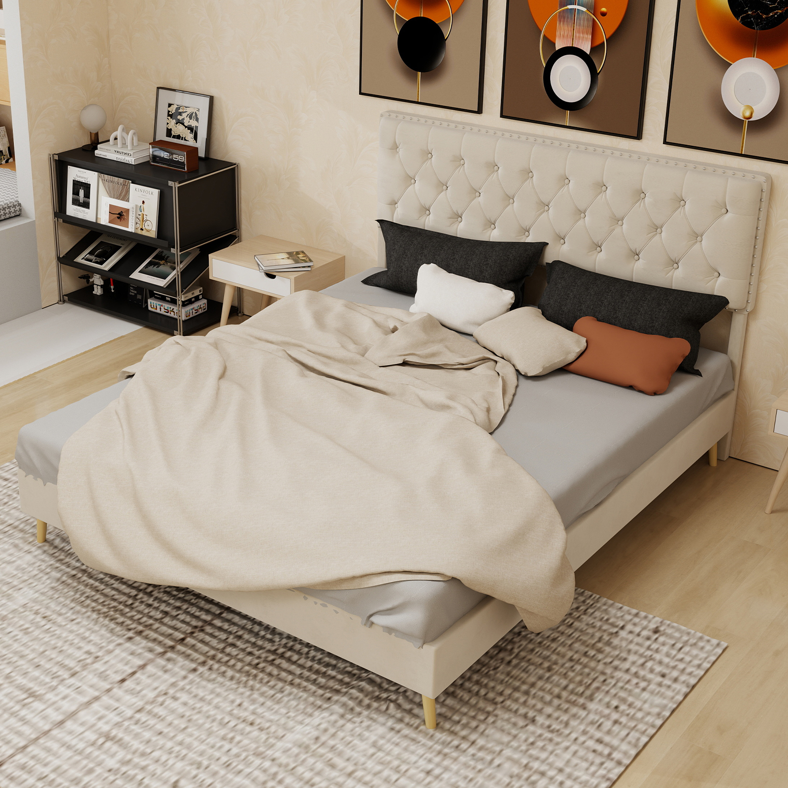 Lit Double 160x200 cm - Lit Moderne en Velours Beige, Base Basse ...