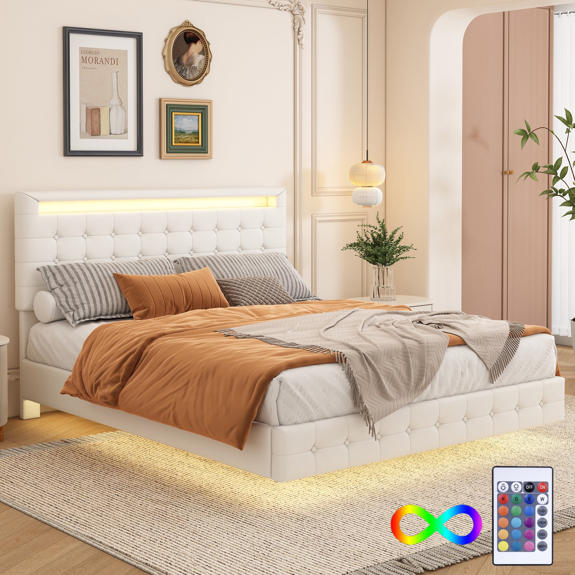 Lit plat 140*200cm avec éclairage d'ambiance LED, télécommande 24 ...